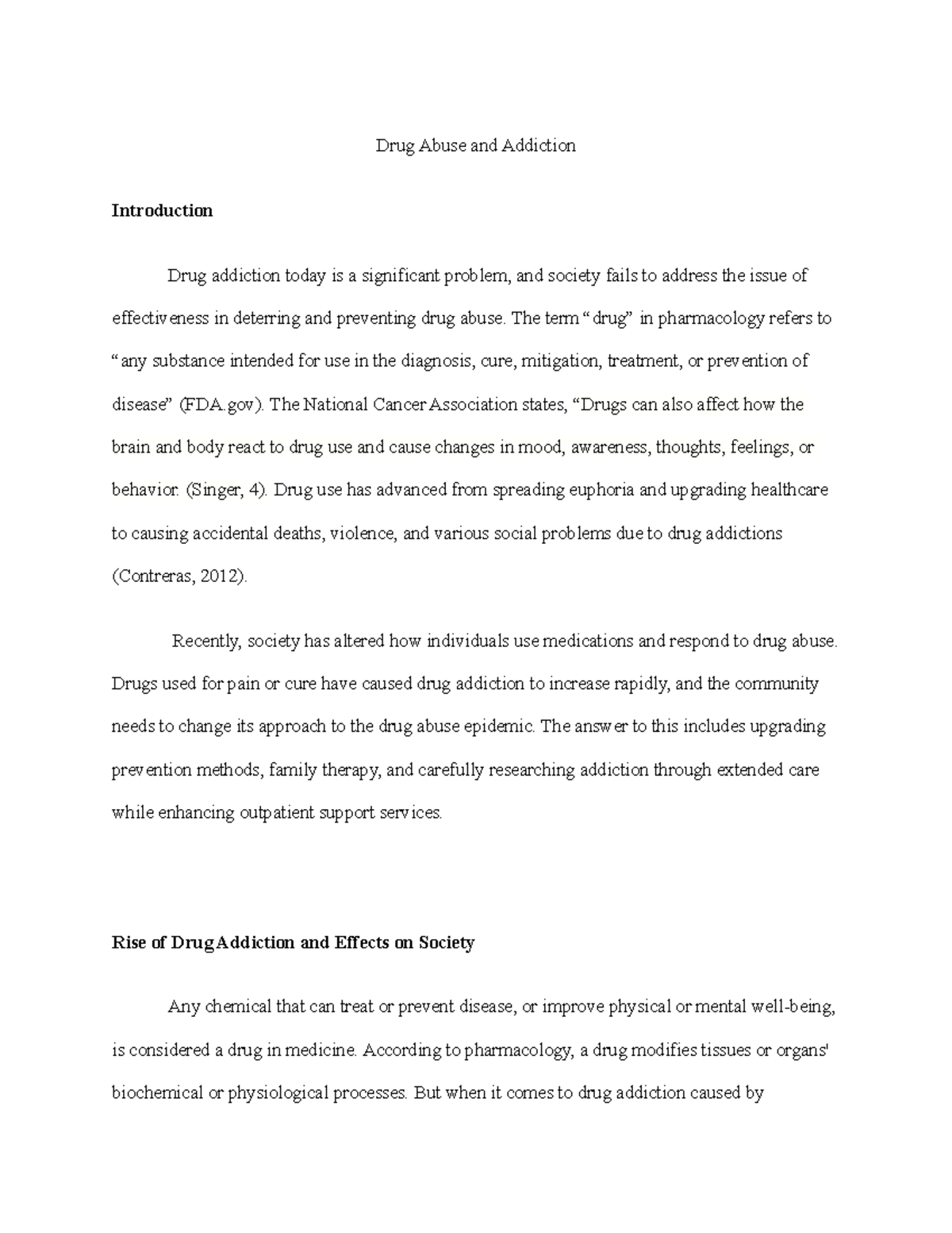 Research Paper-Stu Doc - Drug Abuse and Addiction Introduction Drug ...