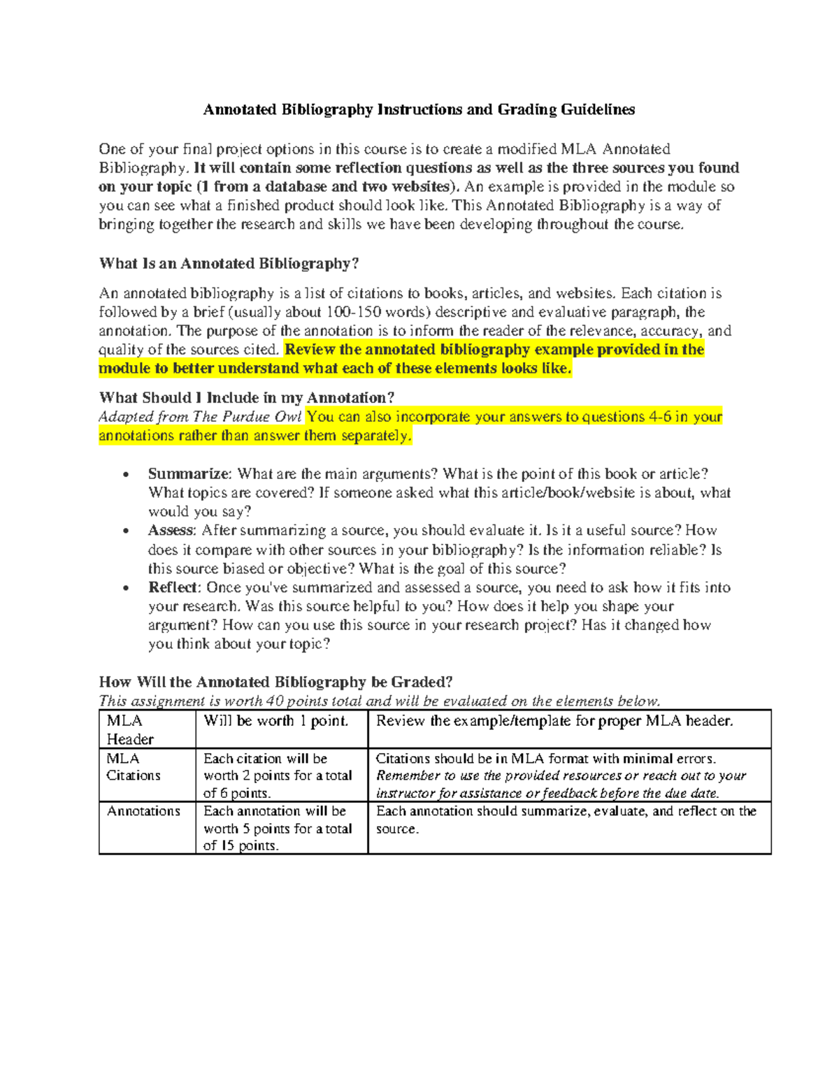 Annotated Bibliography Instructions and Grading Guidelines - It will ...