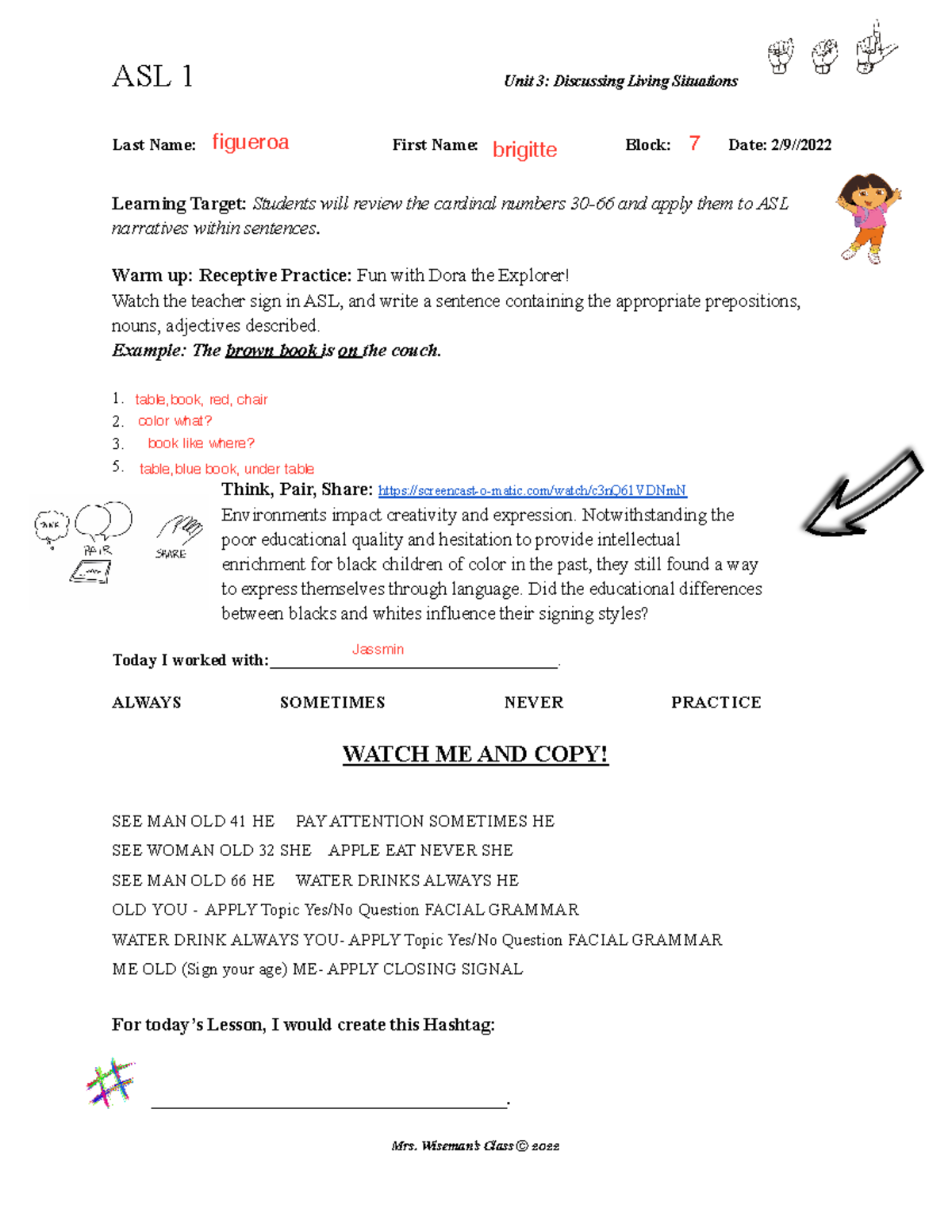 CW Wednesday 2 9 2022 - Lecture notes 5 - ASL 1 Unit 3: Discussing ...