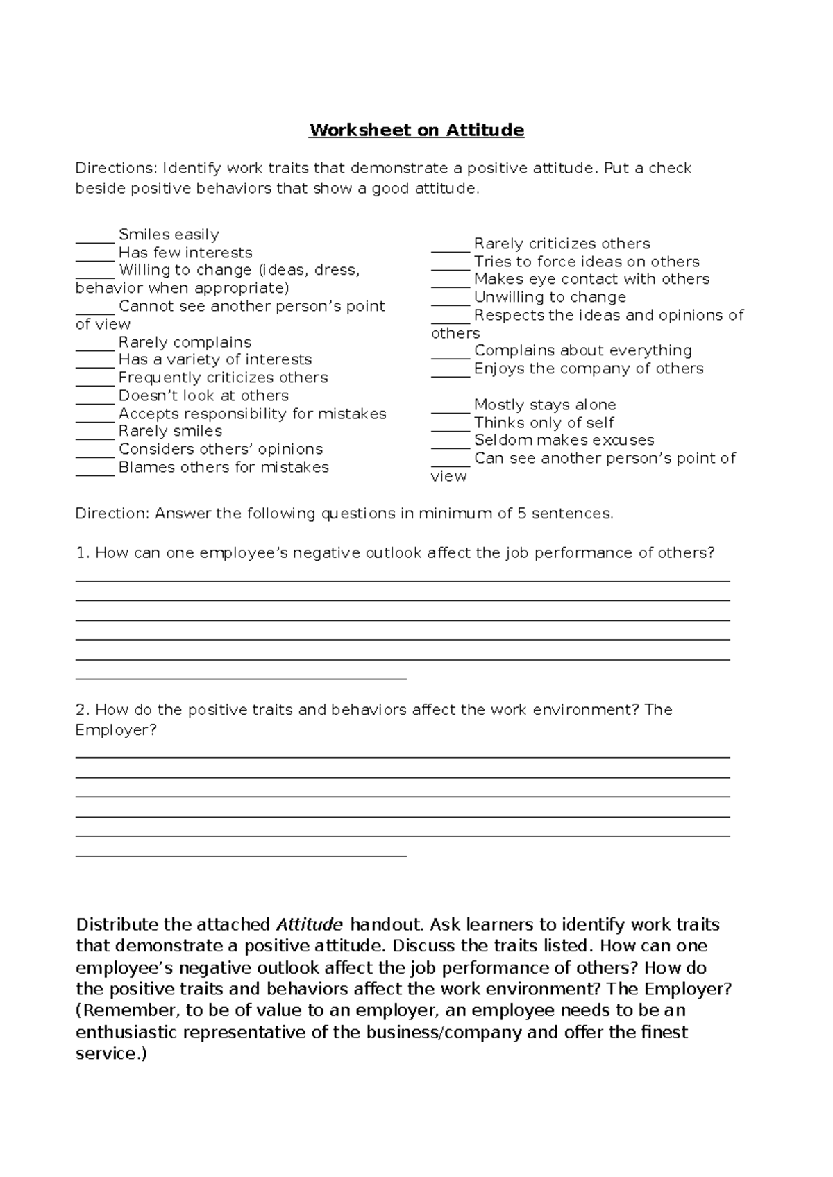 PDPO Attitude - Worksheet on Attitude Directions: Identify work traits ...
