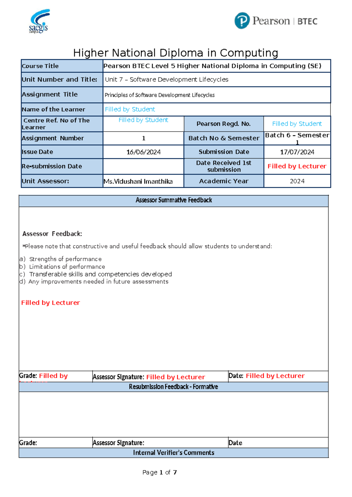 SDLC - Assignment Brief Front Cover File - Higher National Diploma in ...