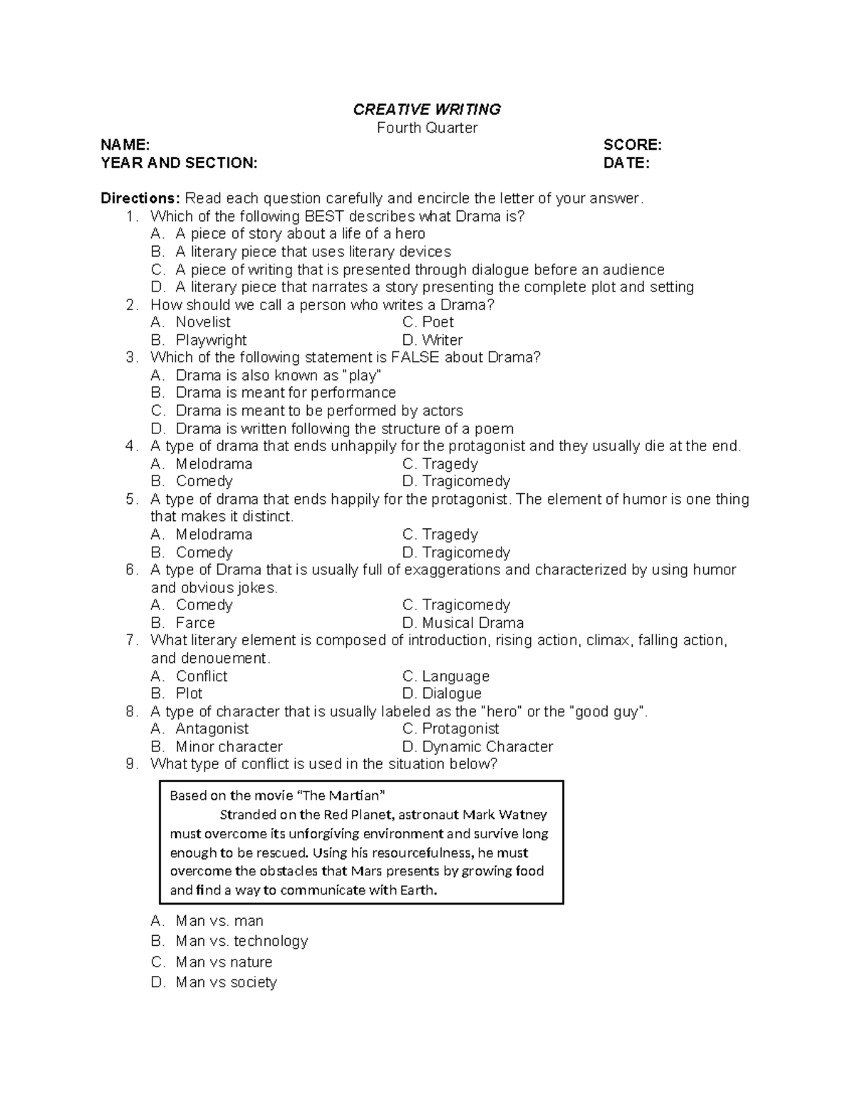 Creative Writing Summative 2ND - CREATIVE WRITING Fourth Quarter NAME ...