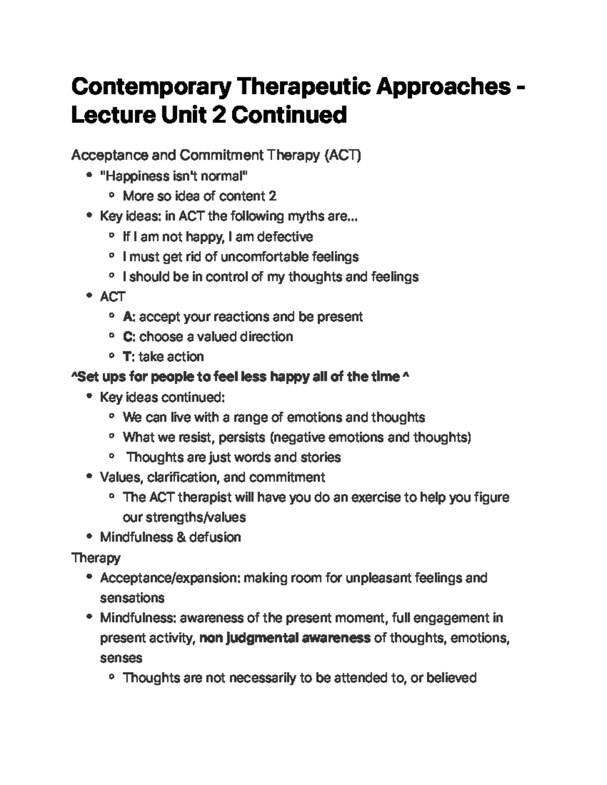 Contemporary Therapeutic Approaches - Lecture Unit 2 Continued - C o n ...