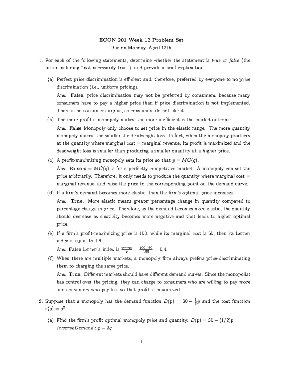 ECON HW 12 - Homework Assignment, price discrimination, monopoly - ECON ...