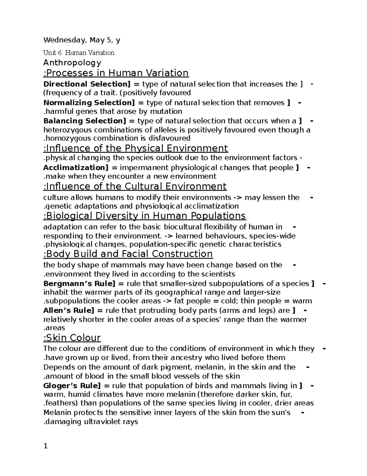 Unit 6 Anthropology - lecture notes - Monday, January 18, y Unit 6 ...