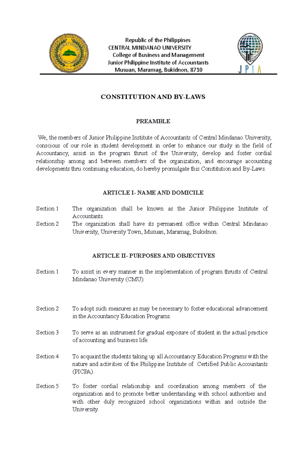 CMU-JPIA-CBL - CMU JPIA Constitution and By-Laws - Republic of the ...
