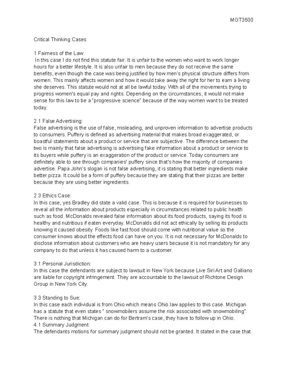 Critical Thinking Cases Combined MGT3500 - MGT Critical Thinking Cases ...