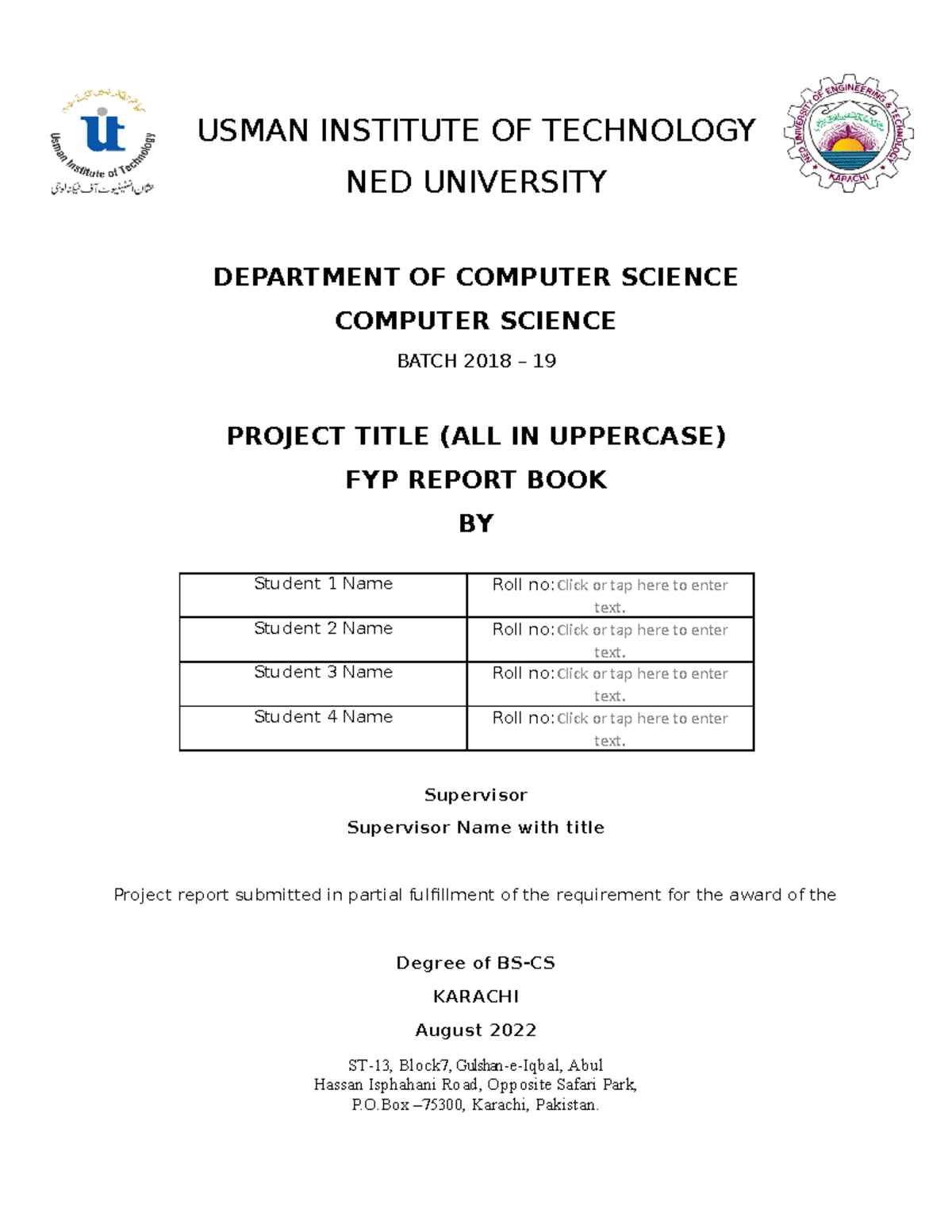 FYP BOOK Title CS - practical work required - USMAN INSTITUTE OF TECHNOLOGY NED UNIVERSITY - Studocu