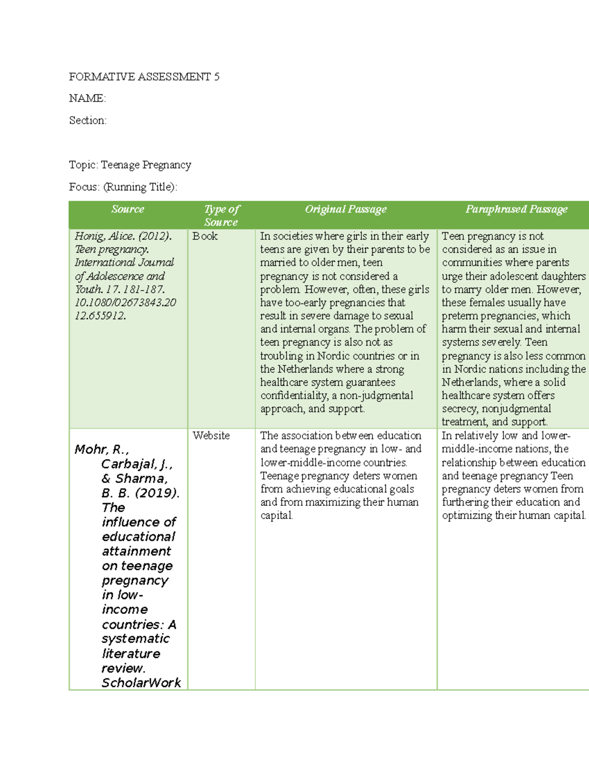 Formative Assessment 5 - FORMATIVE ASSESSMENT 5 NAME: Section: Topic ...
