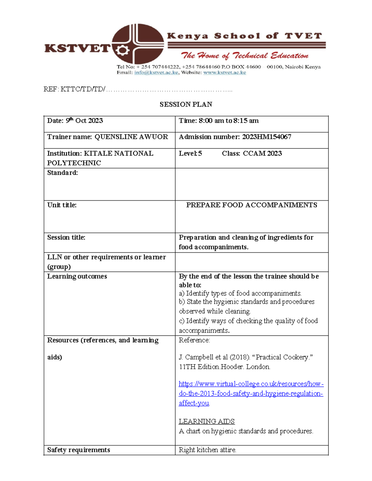 Session PLAN - REF: KTTC/TD/TD ...