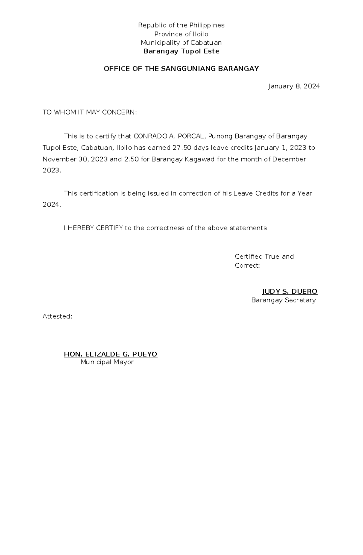 Certification leave credits - Republic of the Philippines Province of ...