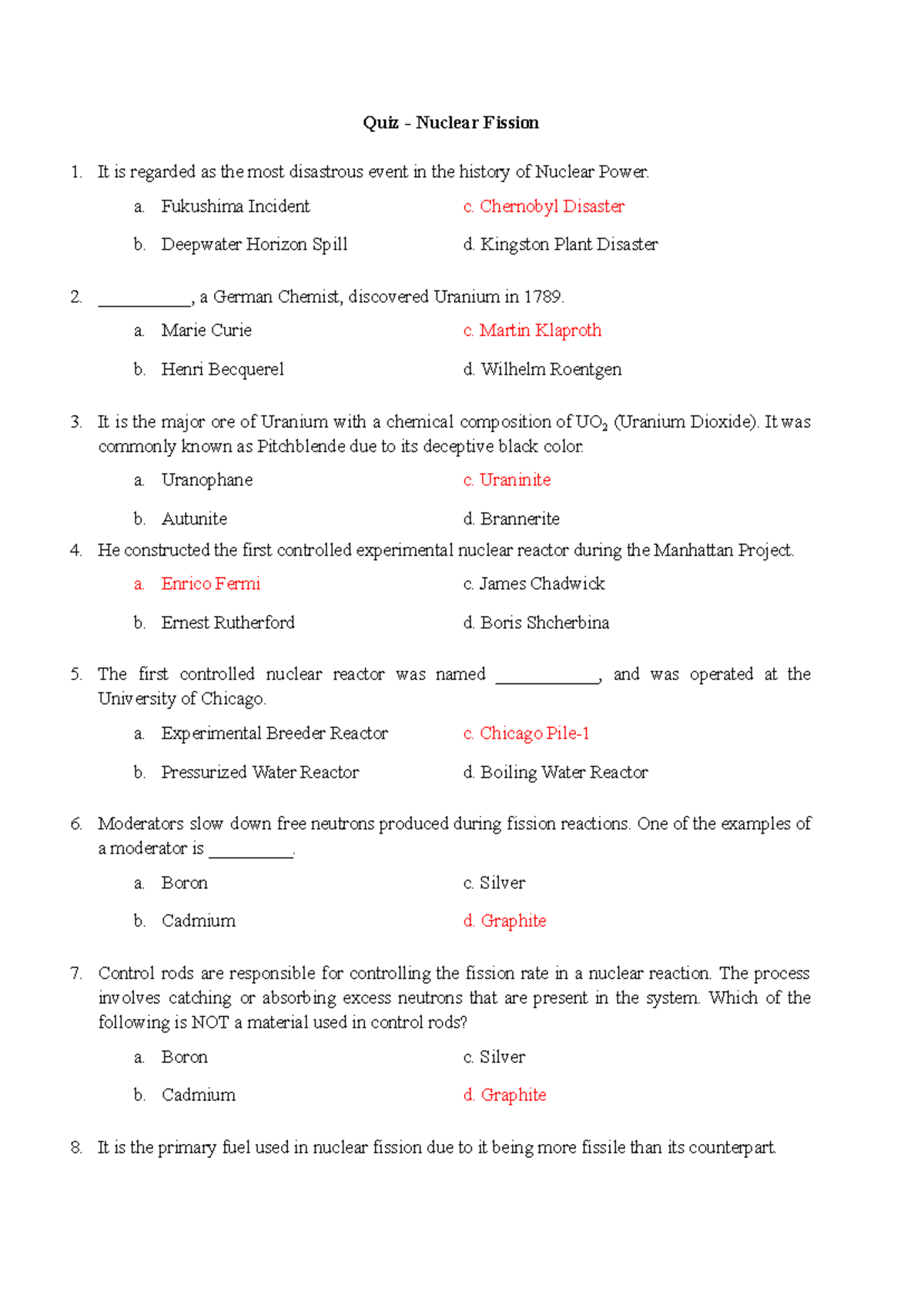 Quiz - Nuclear Fission - Supplementary - Quiz - Nuclear Fission It is ...