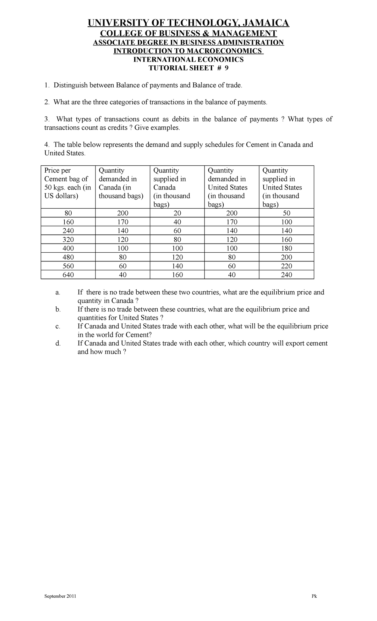 Tutorial Sheet 9 - UNIVERSITY OF TECHNOLOGY, JAMAICA COLLEGE OF ...