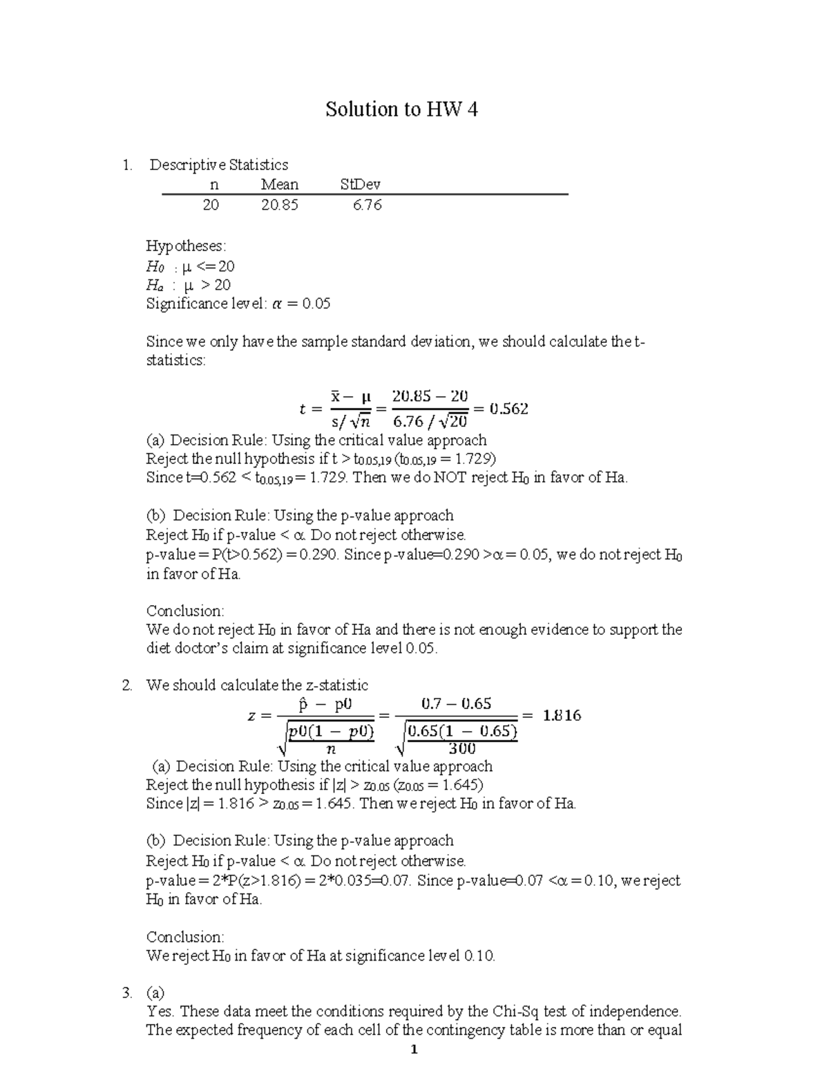 IIMT 1640HW4 sol - Solution of HW 4 - Solution to HW 4 Descriptive Statistics n Mean StDev 20 20 ...