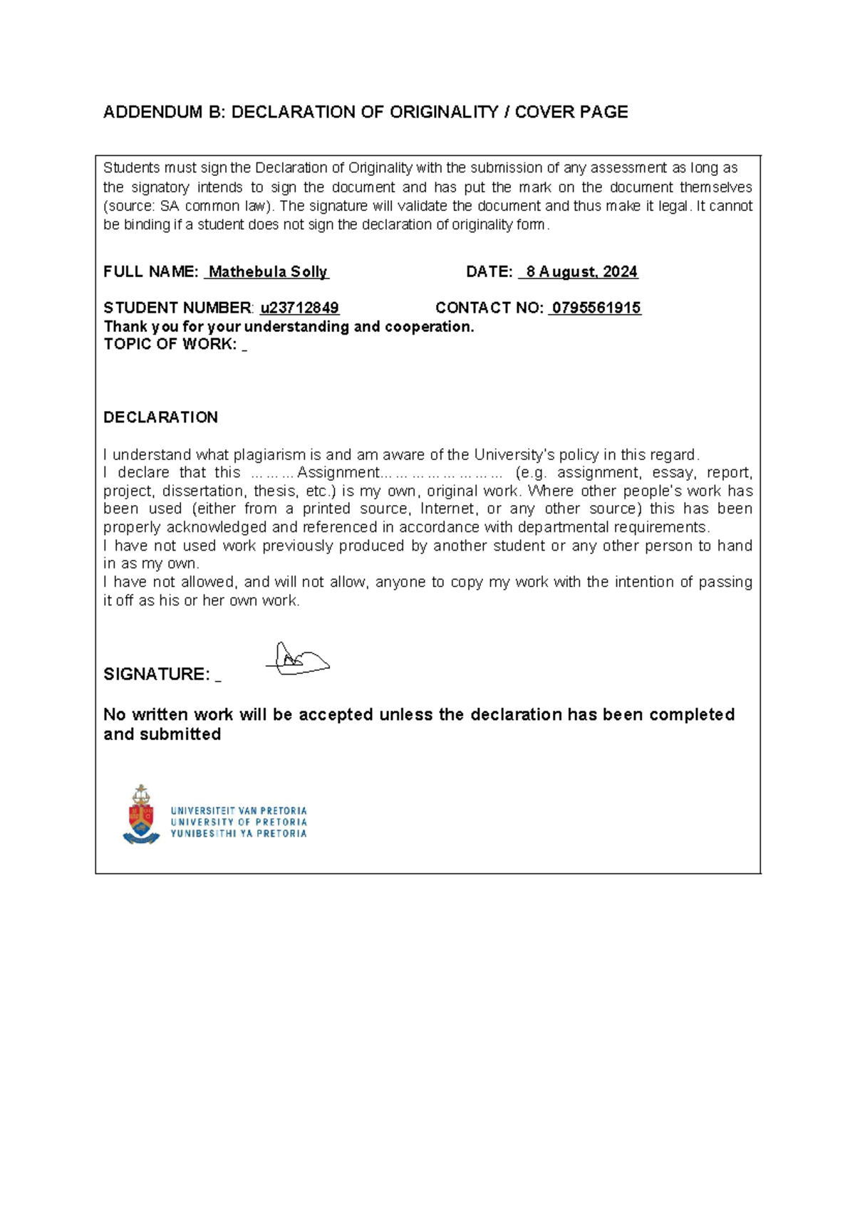 Annoted Bibliography - ADDENDUM B: DECLARATION OF ORIGINALITY / COVER ...