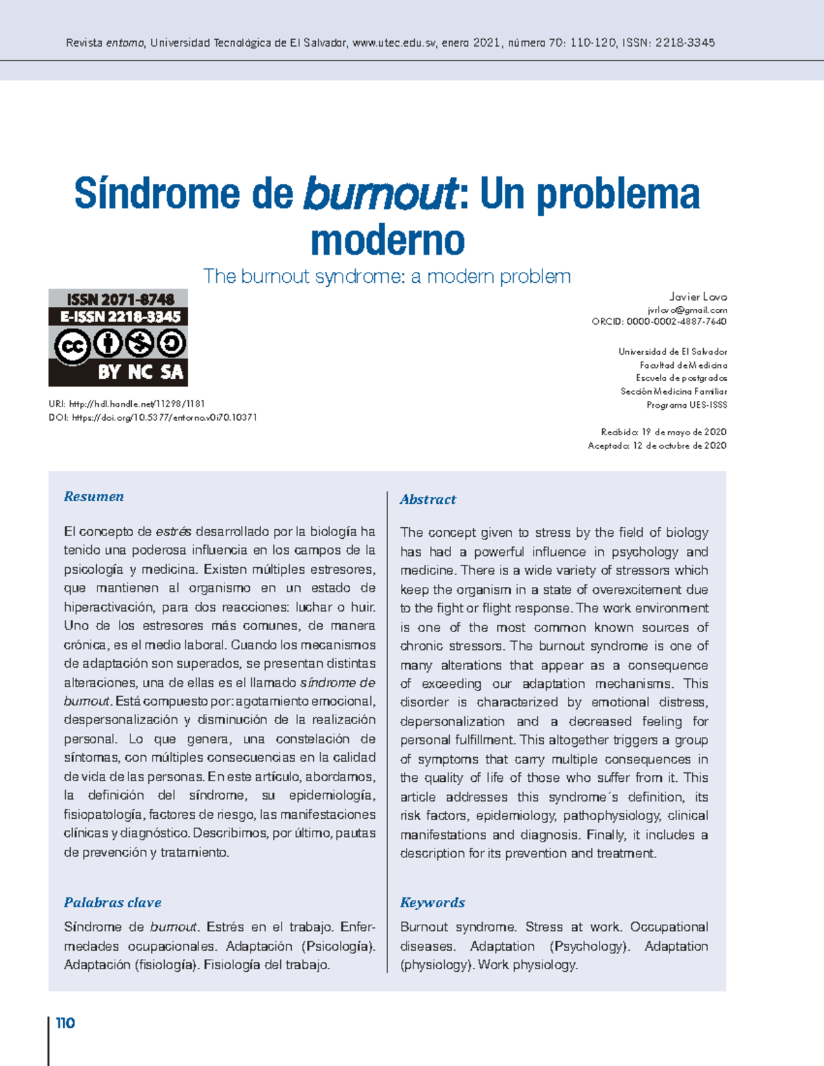 Burnout - UN Problema Moderno - pp. 110-120, Revista entorno, enero ...