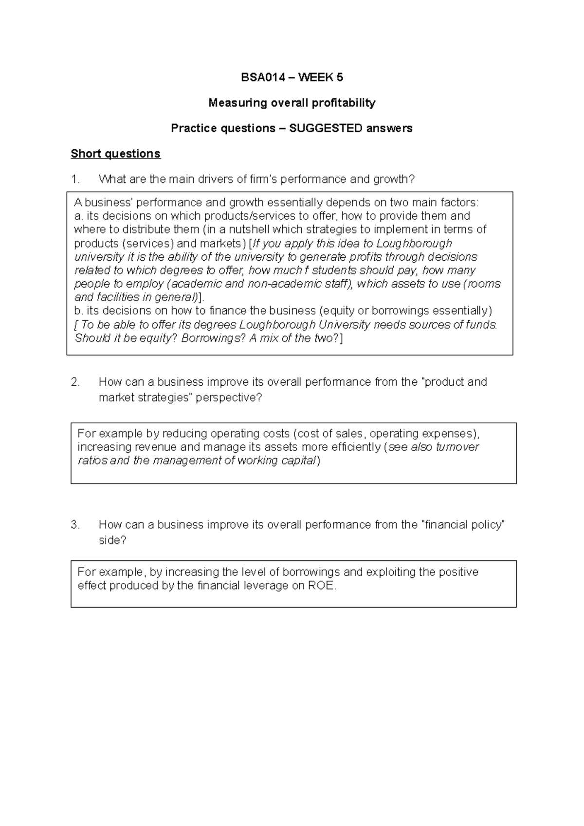 BSA014 practice questions week 5 answers - BSA014 – WEEK 5 Measuring overall profitability ...