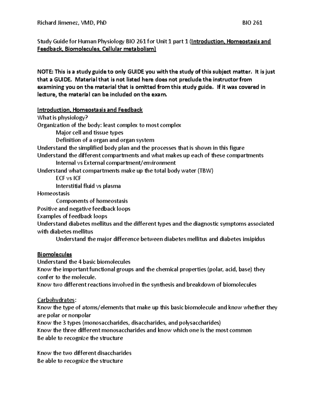 Study Guide for Human Physiology BIO 261 UNIT 1 part 1 - Richard ...