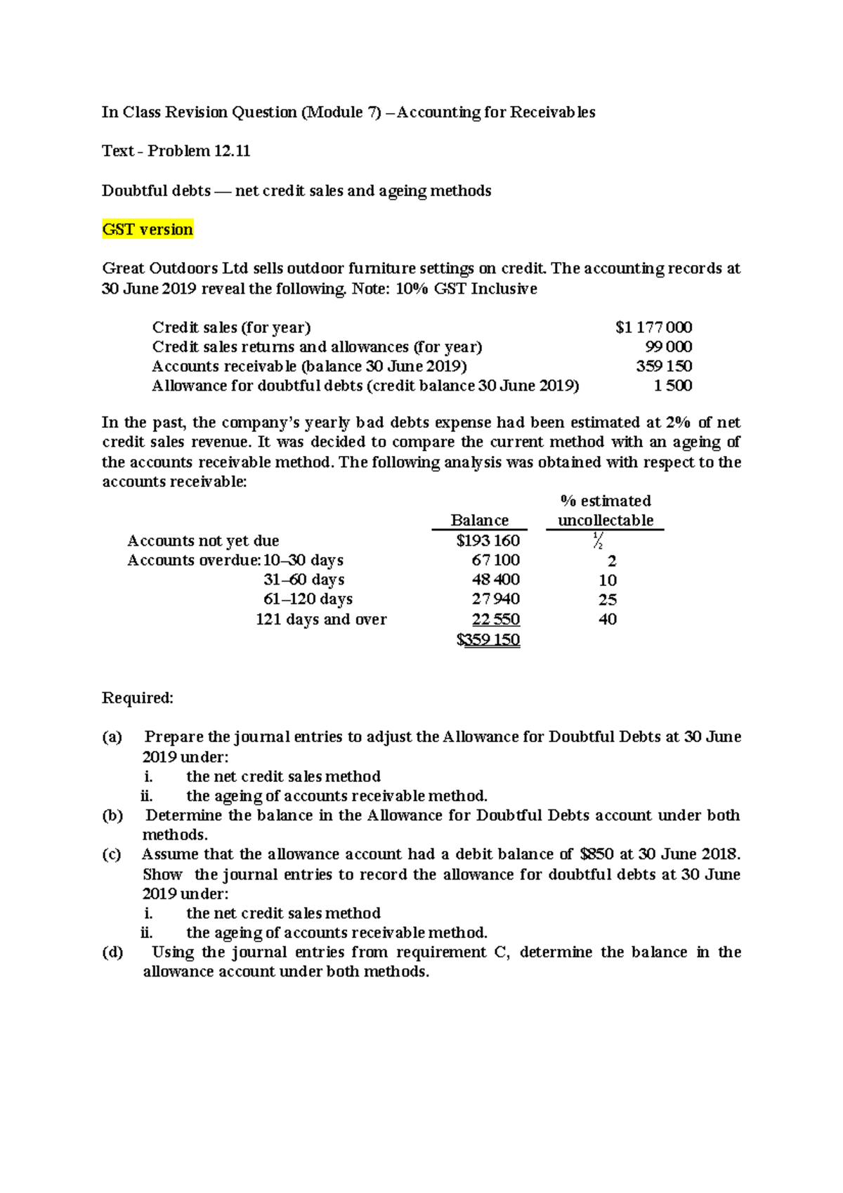 Accounting for Receivable Answer - In Class Revision Question (Module 7) – Accounting for - Studocu