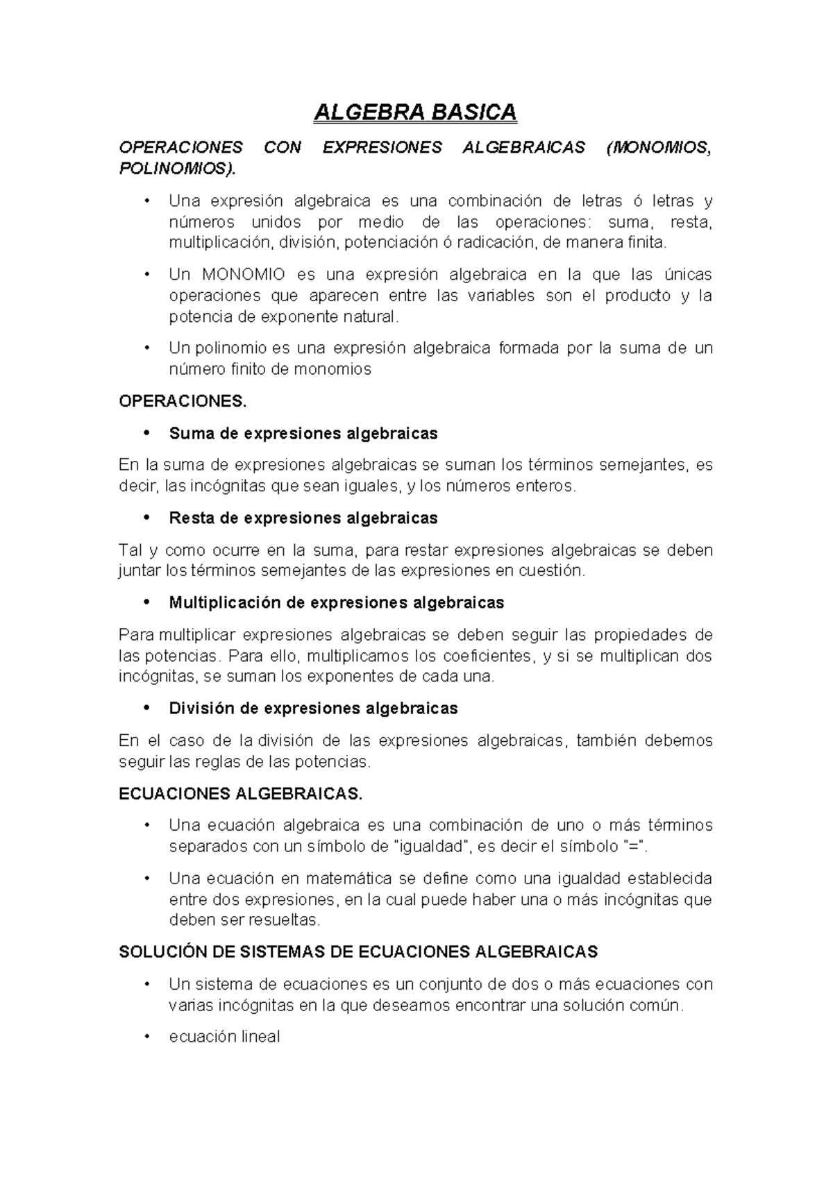 Resumen Algebra Basica - ALGEBRA BASICA OPERACIONES CON EXPRESIONES ...