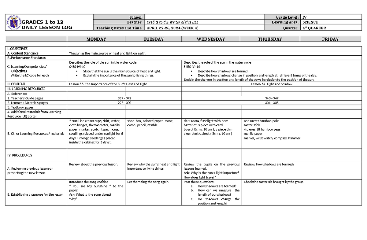 DLL Science 4 Q4 W4 - GRADES 1 to 12 DAILY LESSON LOG School: Grade ...