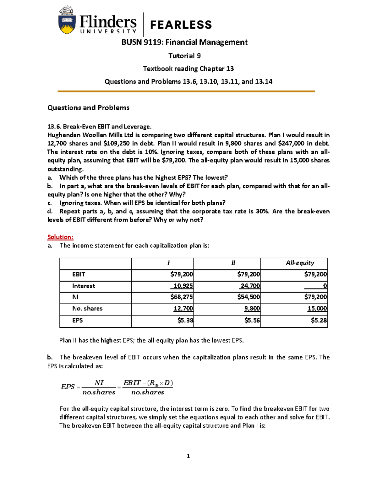 Tute 9 solutions - Tutorial answer - BUSN 9119: Financial Management ...
