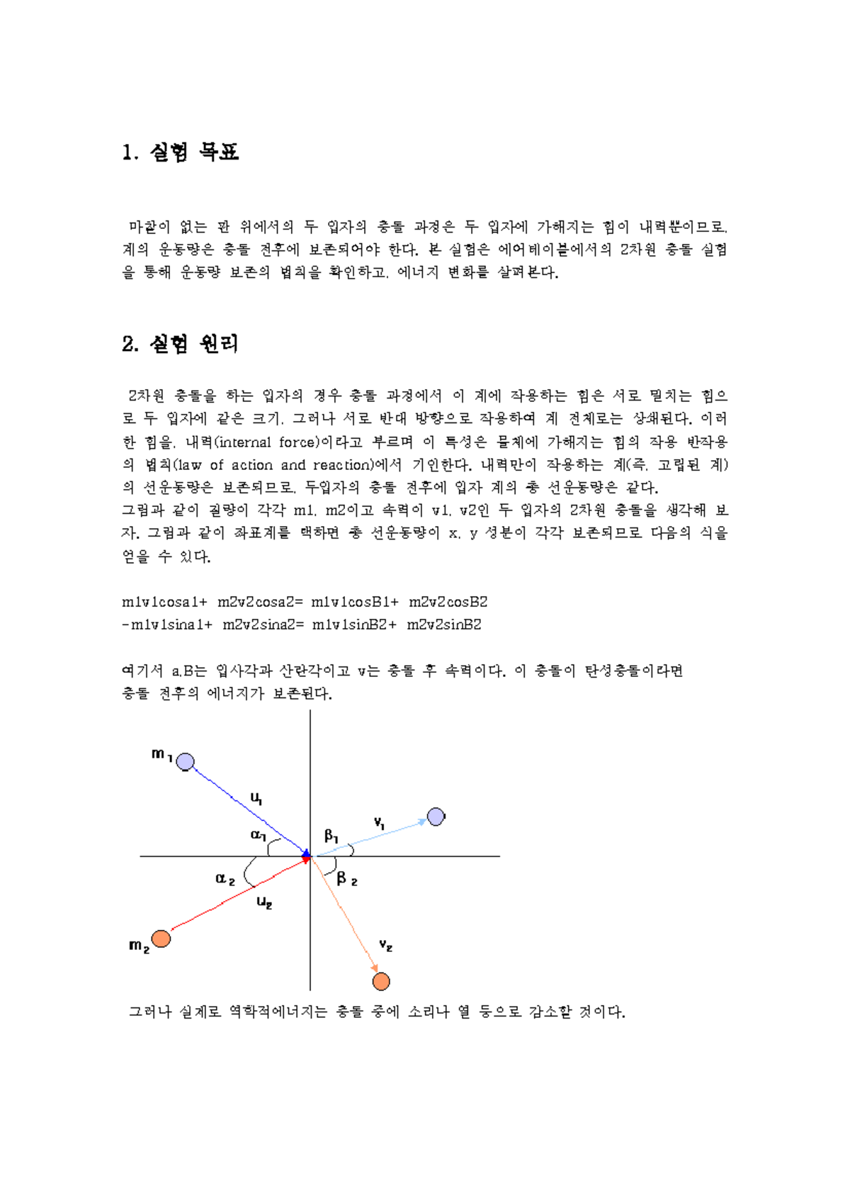 에어테이블을 이용한 2차원 충돌 실험 - 1. 실험 목표 마찰이 없는 판 위에서의 두 입자의 충돌 과정은 두 입자에 가해지는 ...