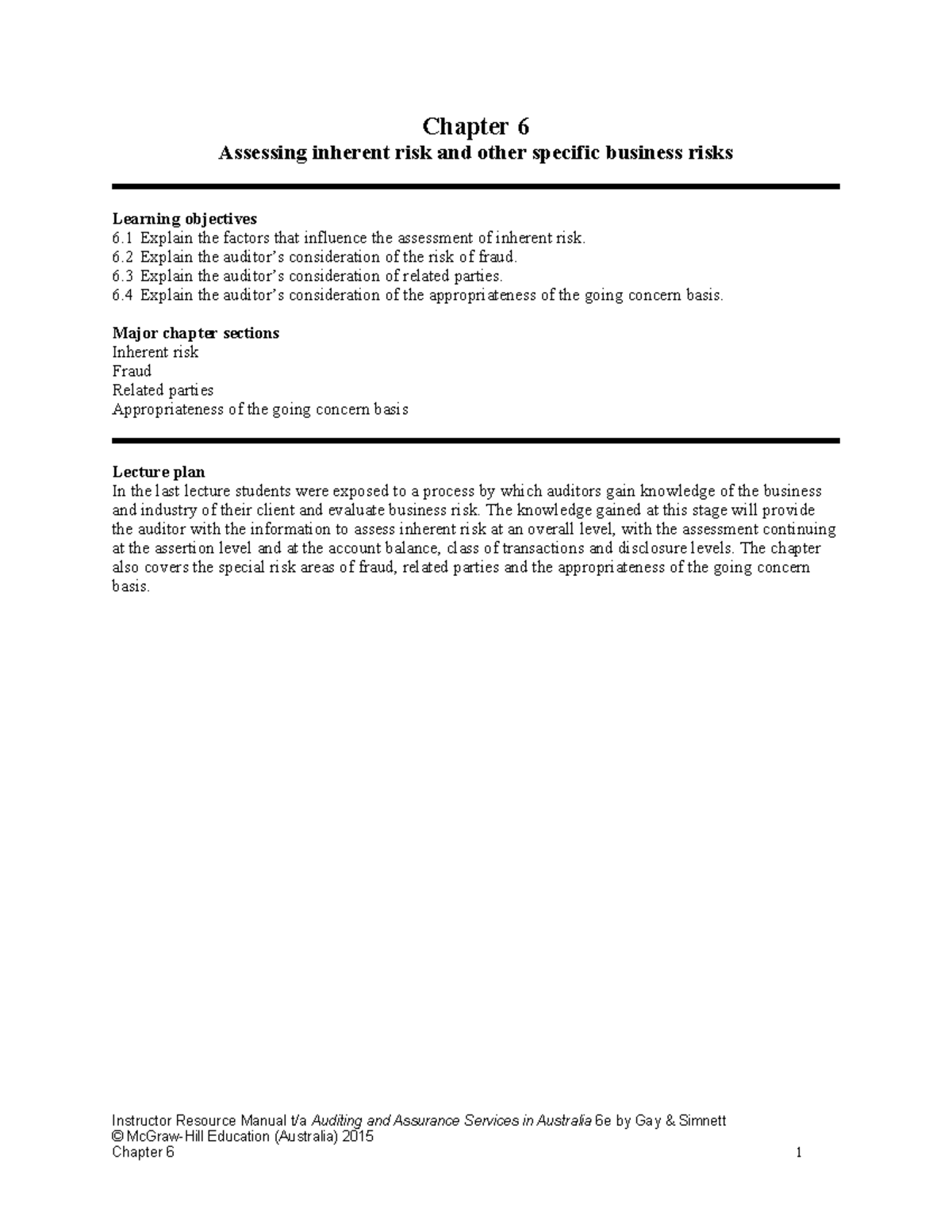 Gay6e IRM Ch06 - audit - Chapter 6 Assessing inherent risk and other specific business risks ...