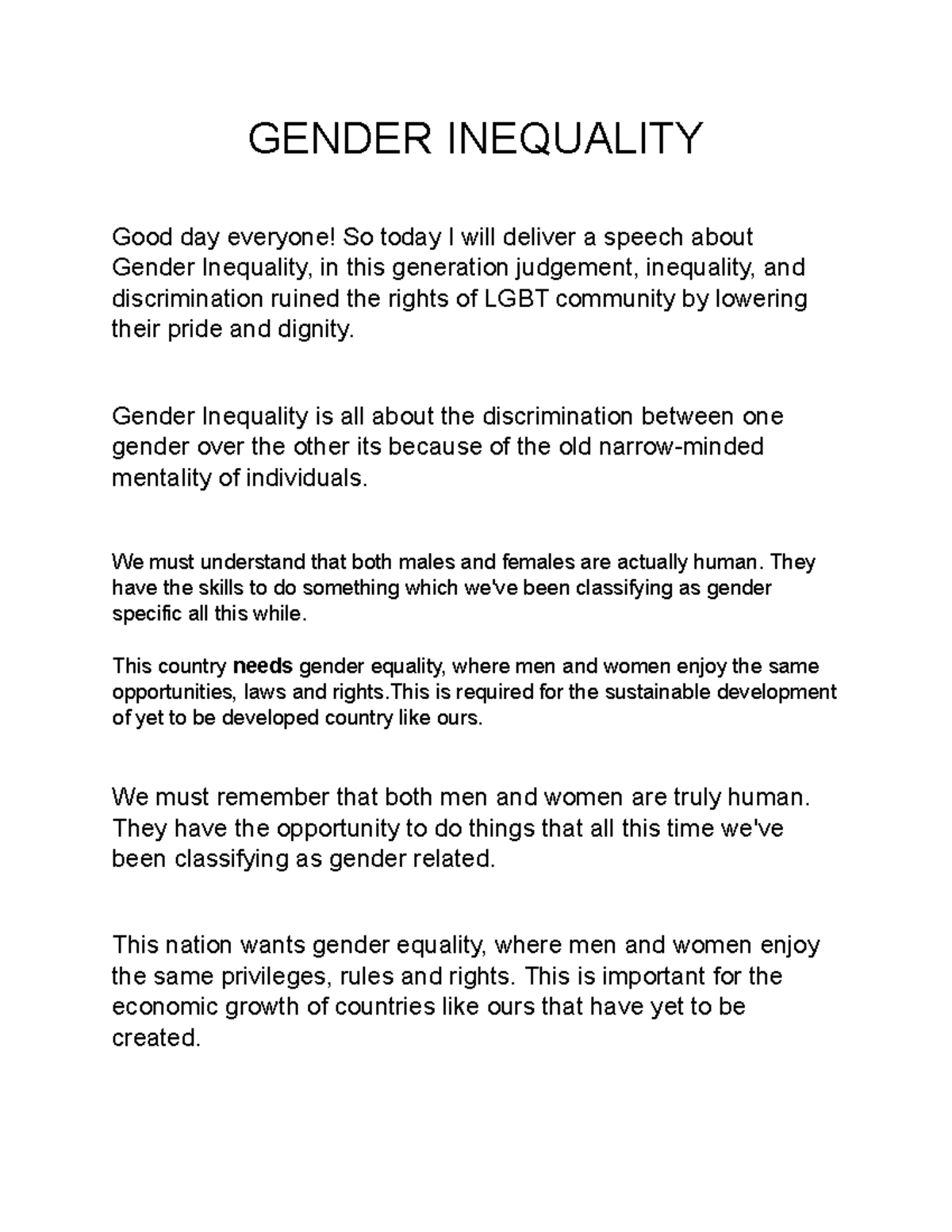 Speech Draft About Gender Inequality GENDER INEQUALITY Good Day