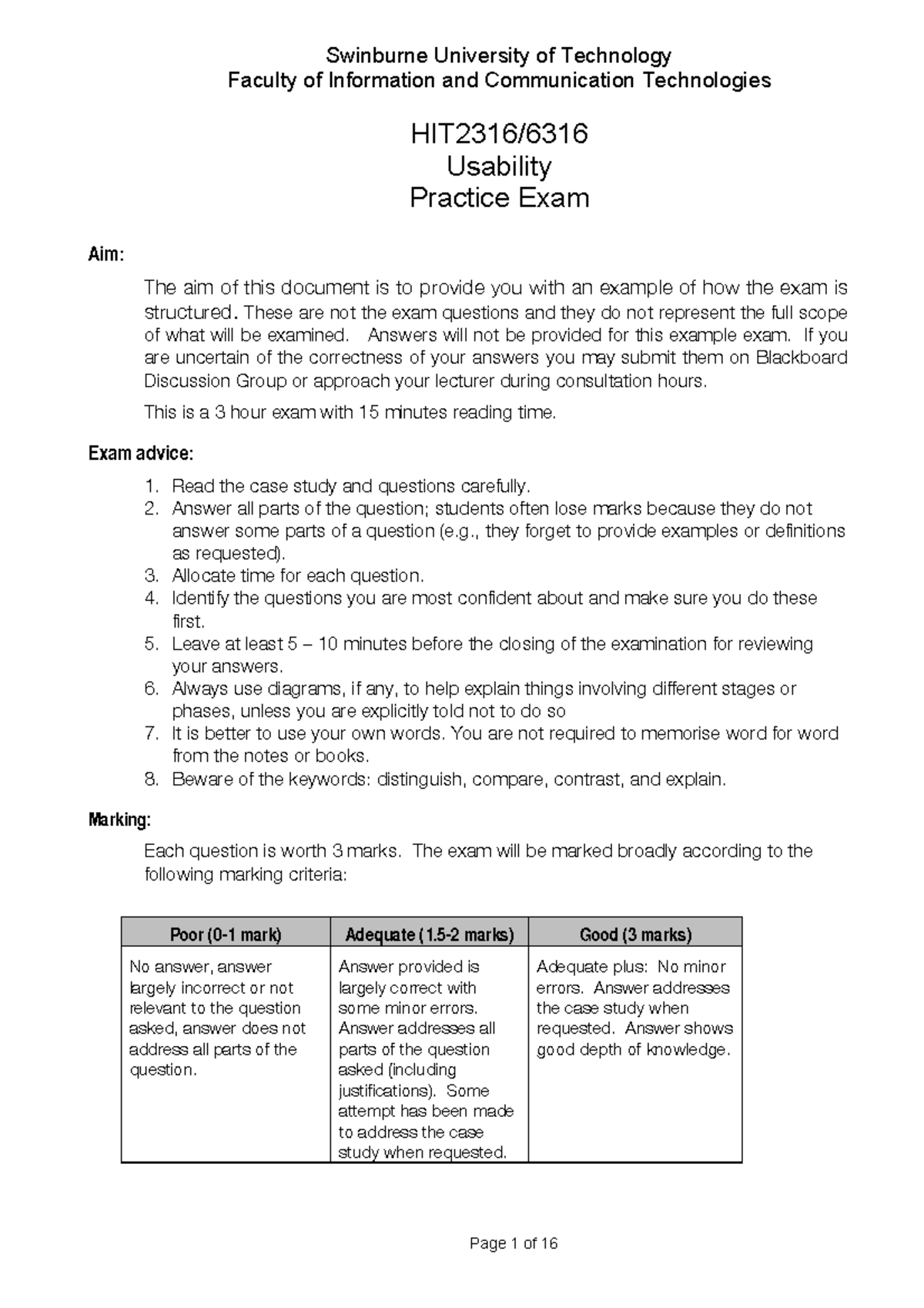 Sample/practice Exam 2016, Questions - Practise Exam, Usability ...
