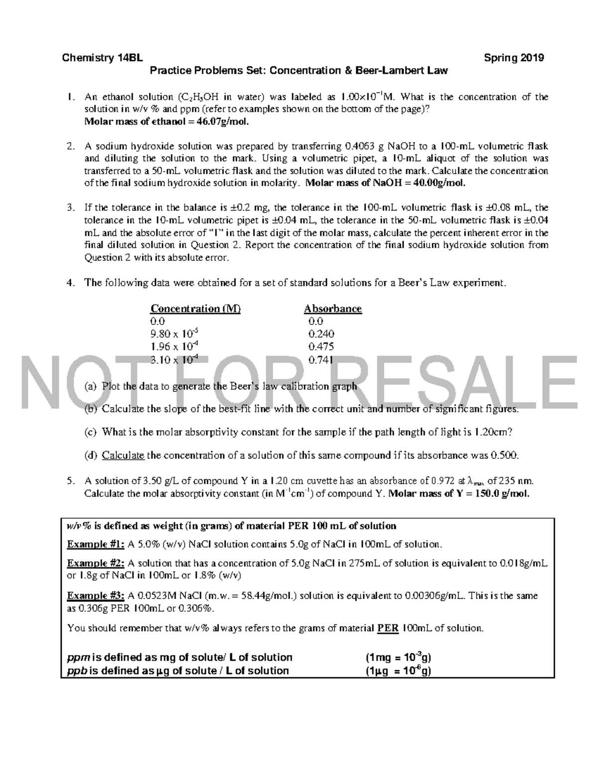 04 - Beer-Lambert Law - Chemistry 14BL Spring 2019 Practice Problems ...