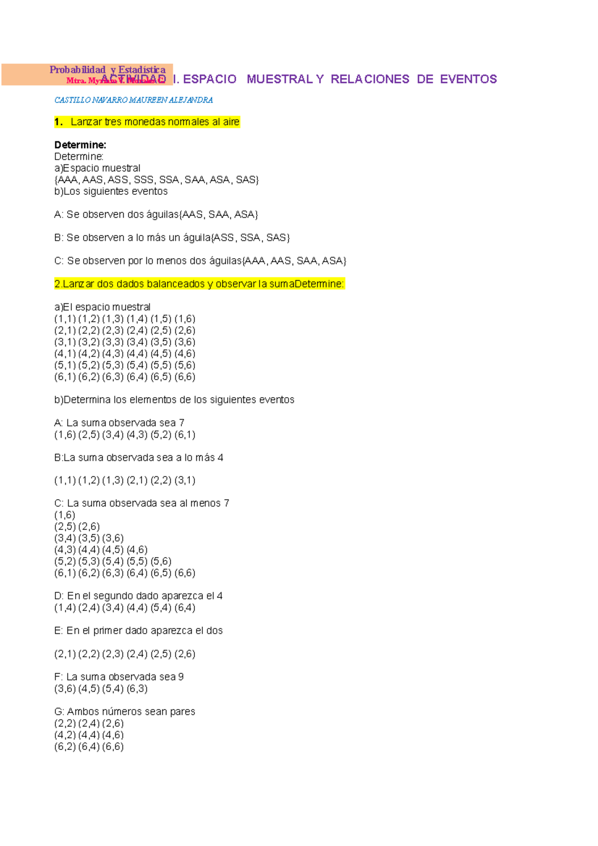 Actividad 1- Espacios Muestrales - ACTIVIDAD I. ESPACIO MUESTRAL Y RELACIONES DE EVENTOS ...