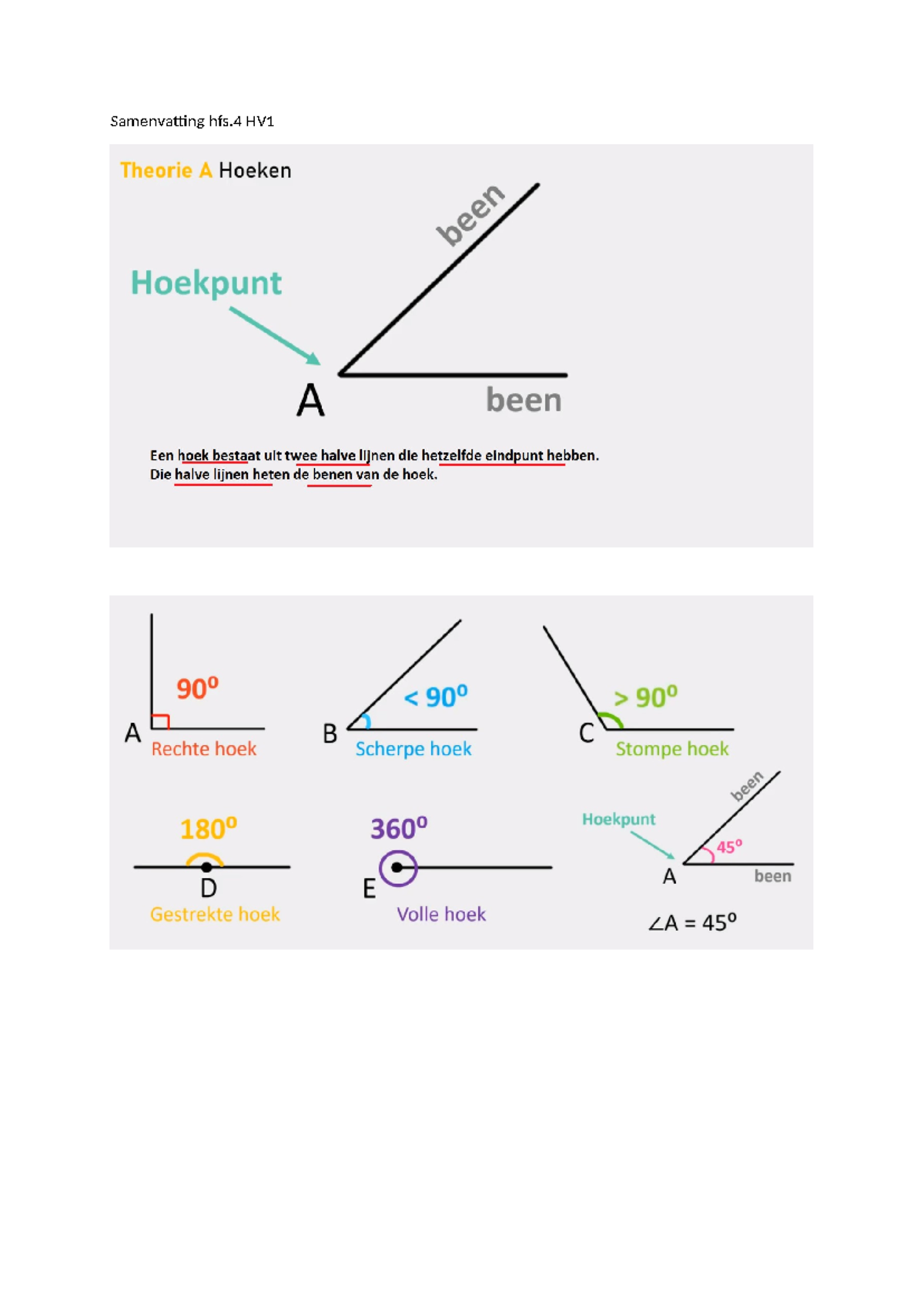 Samenvatting hfs.4 HV1 - Die halve lijnen heten de benen van de hoek. A ...
