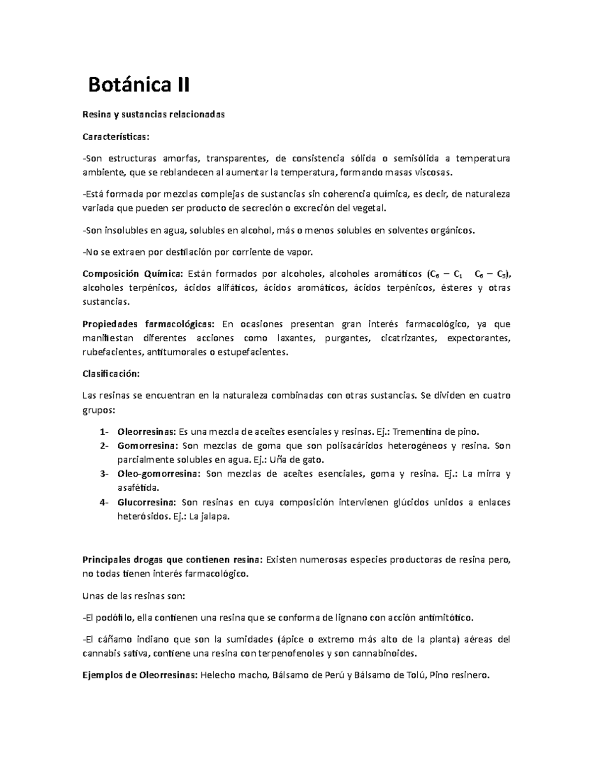 Botanica Semestre II - Apuntes 1-2-3 - Botánica II Resina y sustancias ...