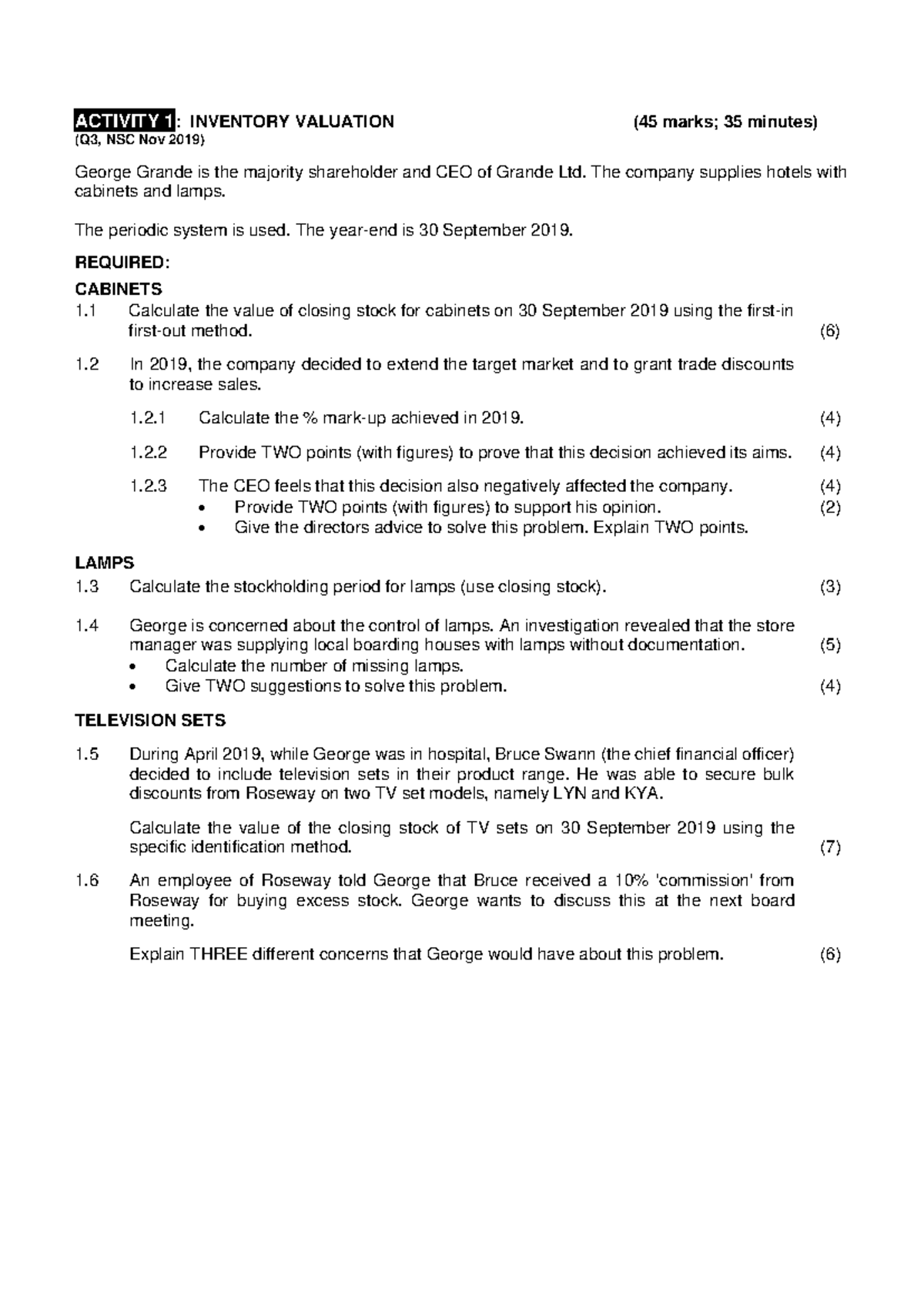 Inventory Class Activities - ACTIVITY 1: INVENTORY VALUATION (4 5 marks ...