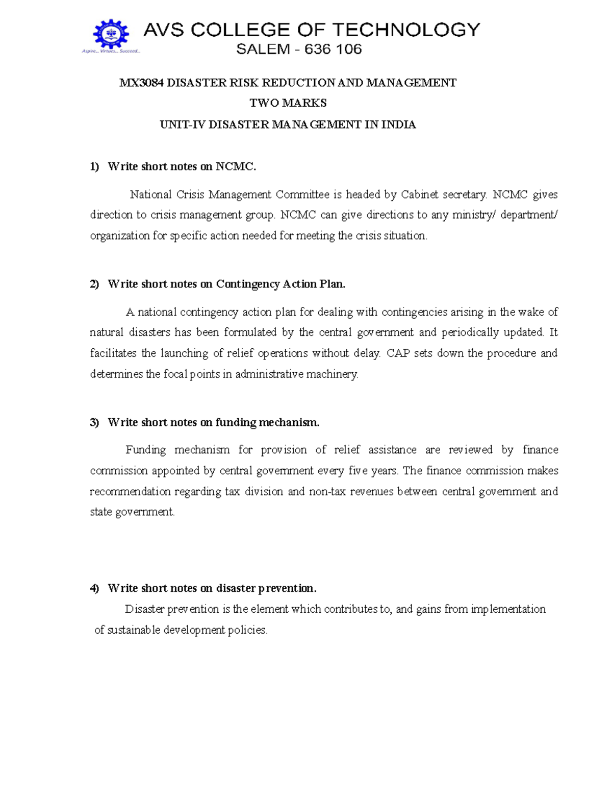 DM UNIT IV Two Marks - JJHGF2EJGWEFJIG2EFIGE;UIFCGU - MX3084 DISASTER ...