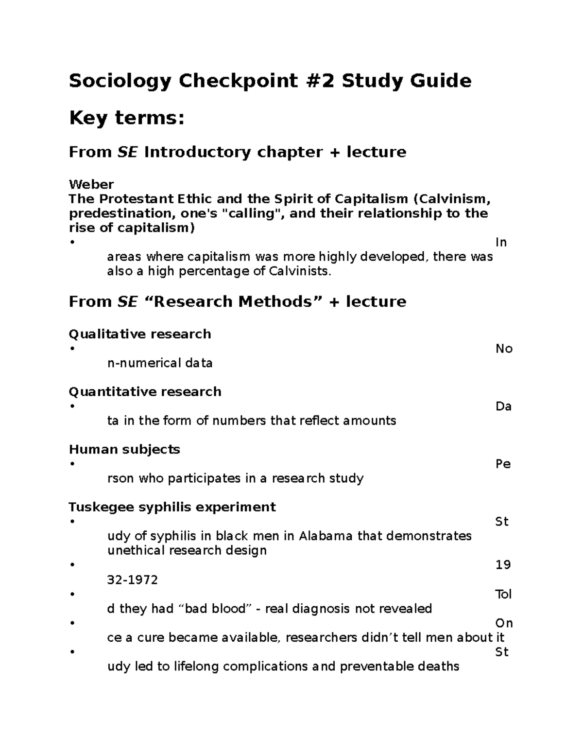 Sociology Checkpoint #2 Study Guide - From SE “Research Methods ...