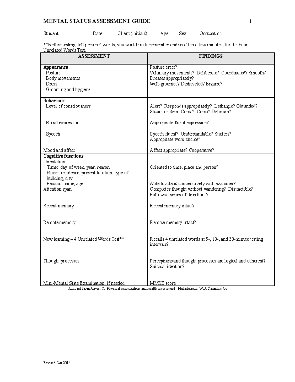 Mental status -performance checklist - MENTAL STATUS ASSESSMENT GUIDE 1 ...