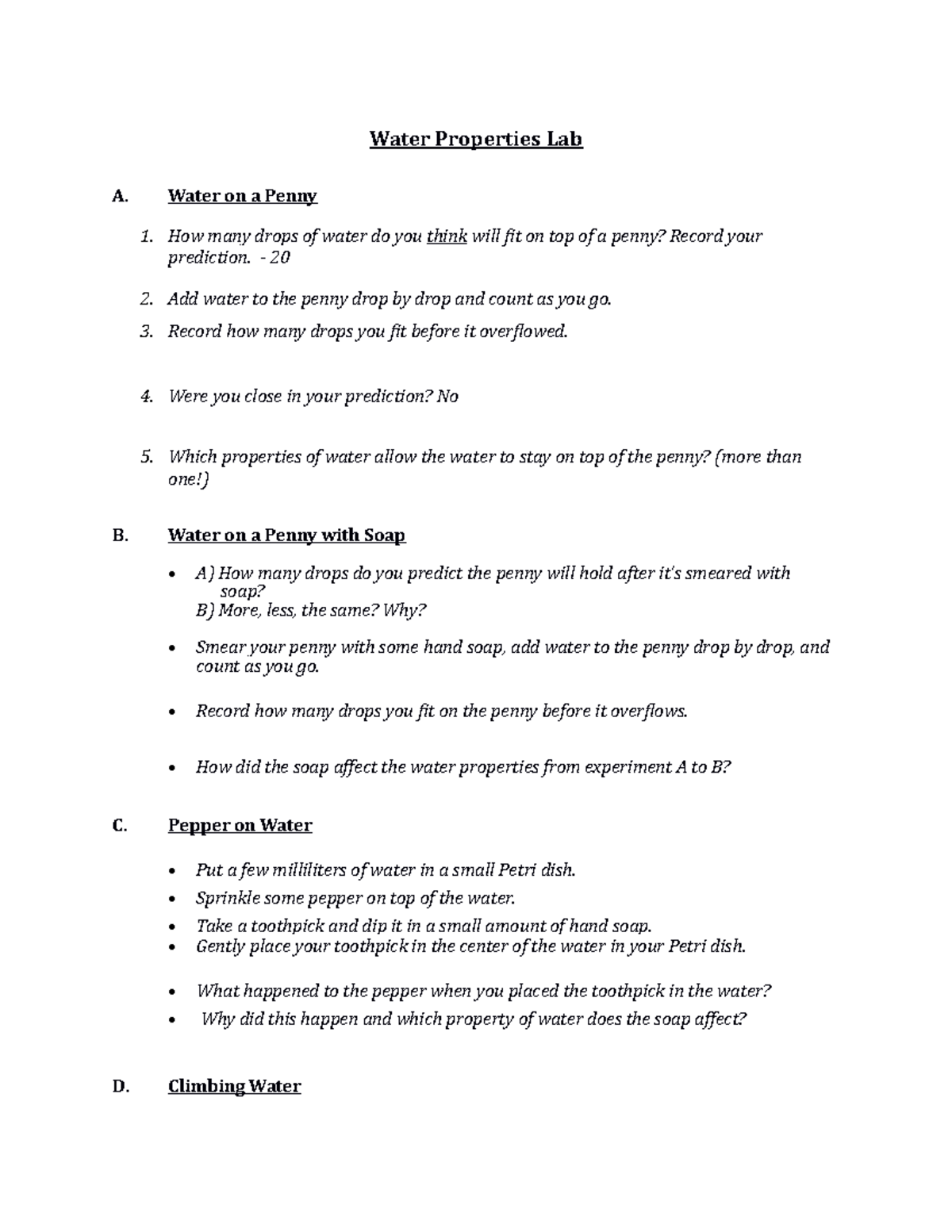 Waterpropslab assignment for idk - Water Properties Lab A. Water on a ...