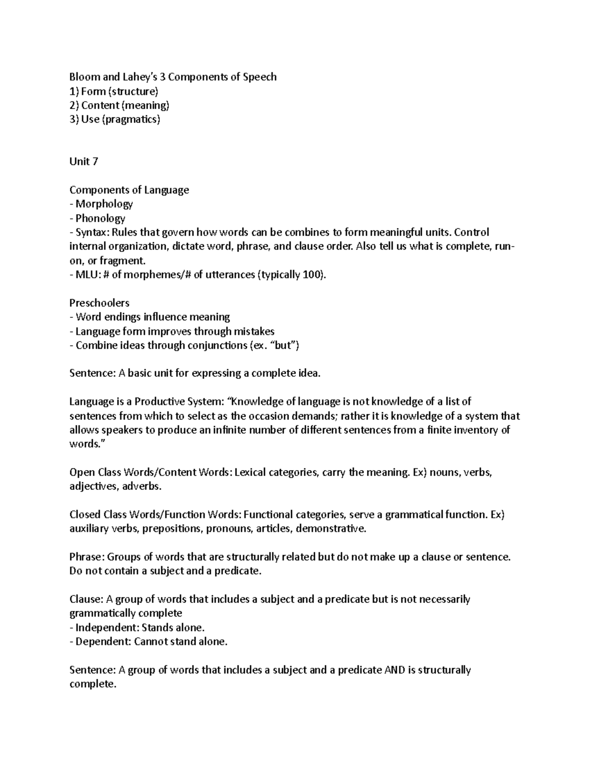 Development Final - Bloom and Lahey’s 3 Components of Speech 1) Form ...