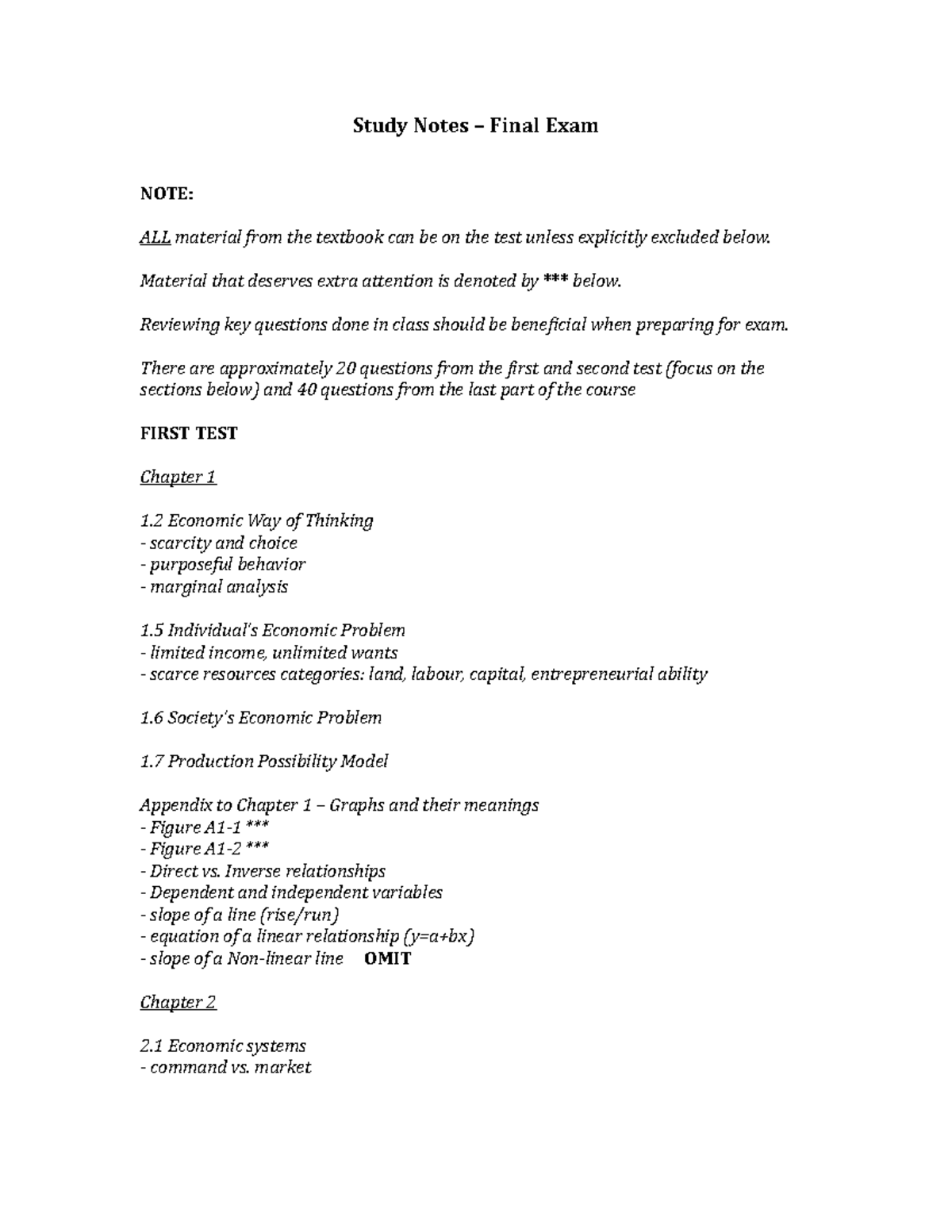 Study Notes - Final - Study Notes – Final Exam NOTE: ALL material from ...
