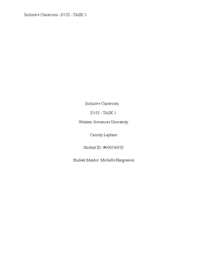KRM1 Task 1 Brent Ellis - D152 Inclusive Classroom KRM1- Task 1 ...