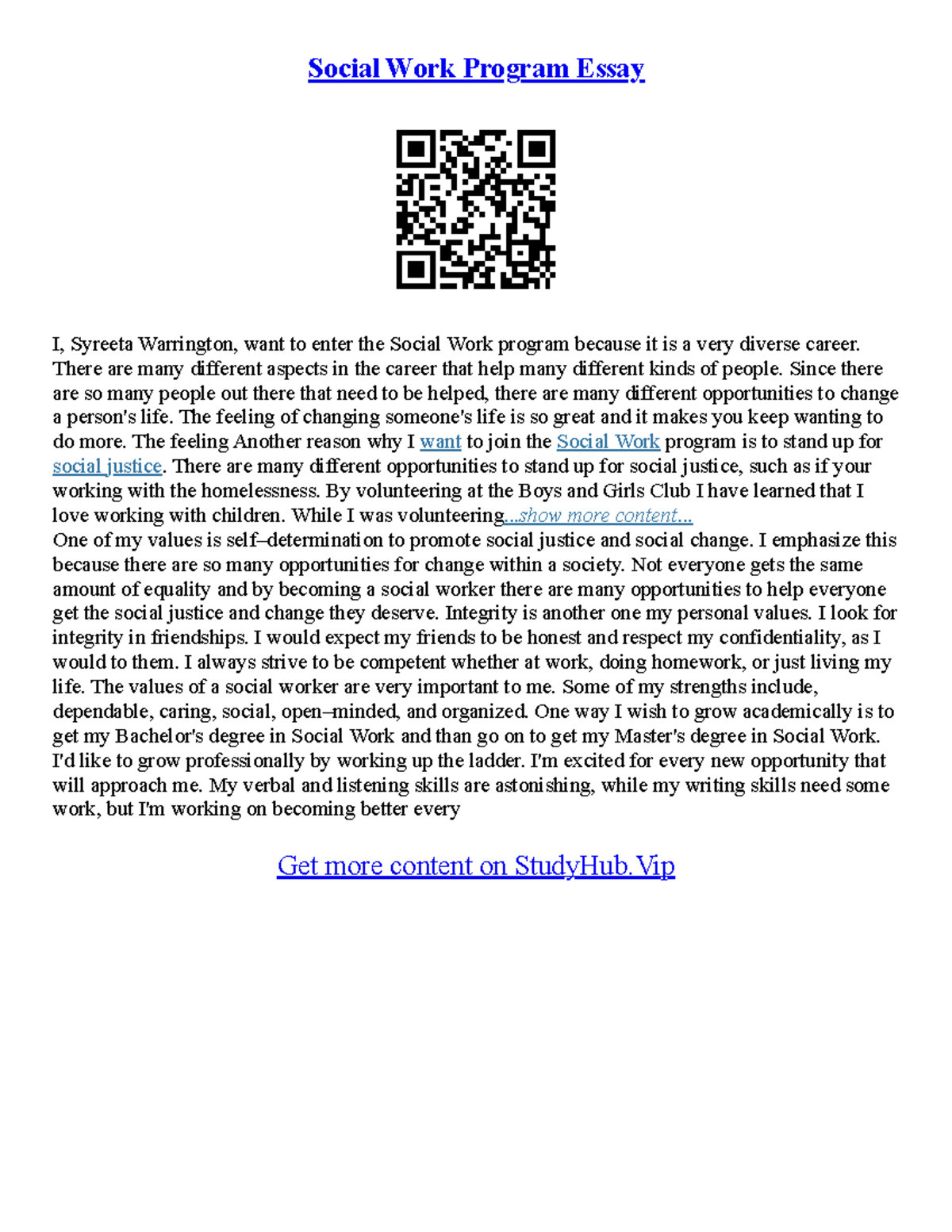 Social Work Essay - Social Work Program Essay I, Syreeta Warrington ...