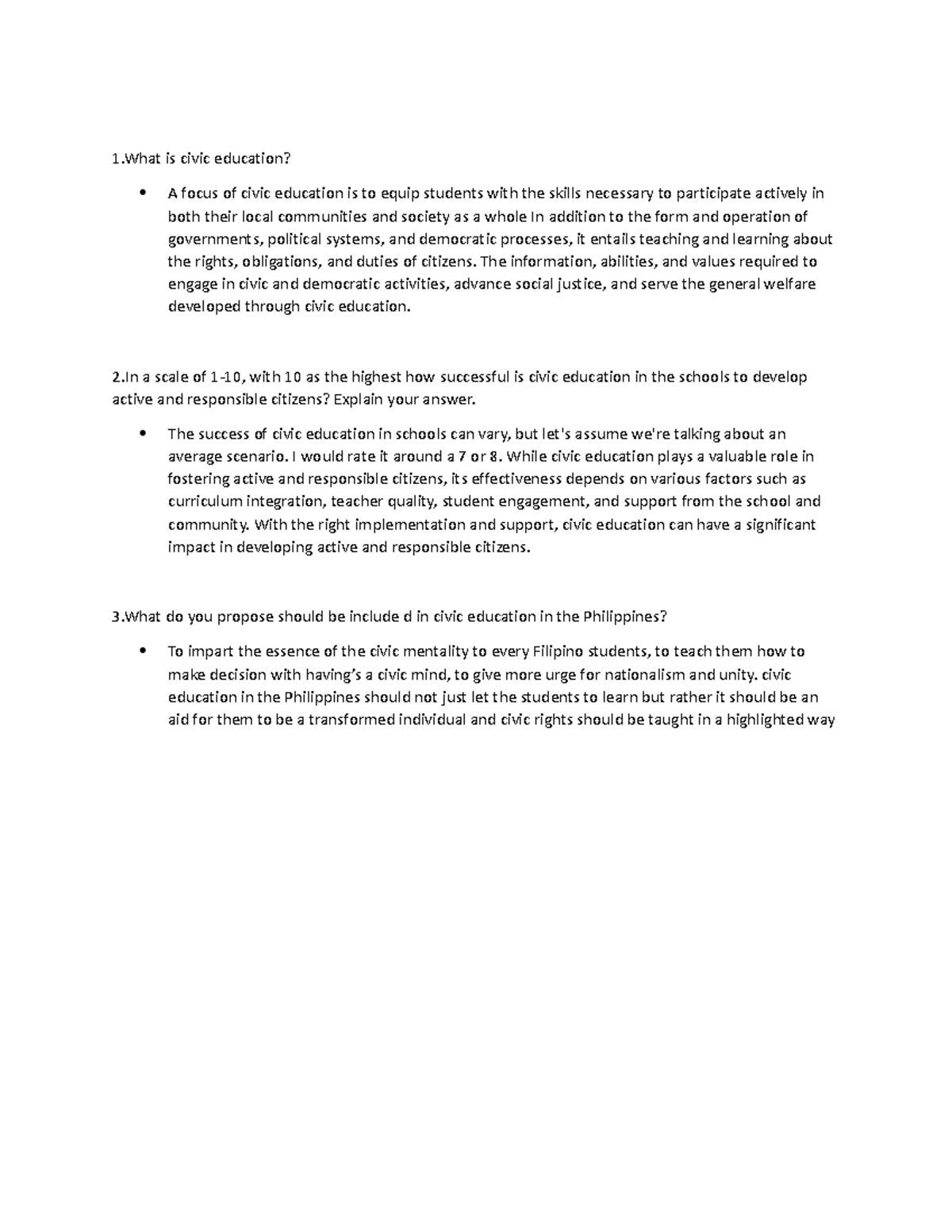 Trisha - summary - 1 is civic education? A focus of civic education is to equip students with ...