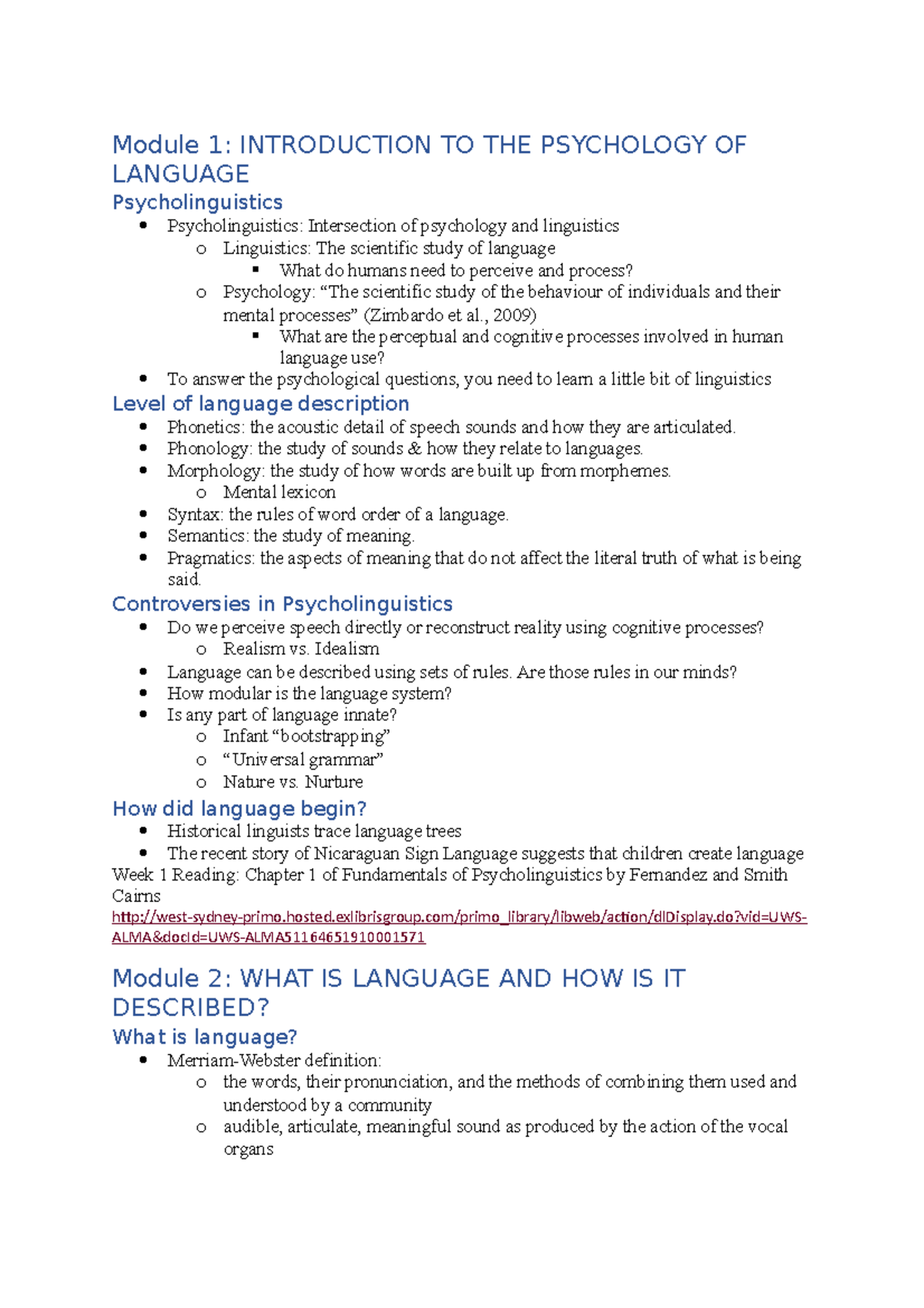 Psychology of langauge notes - Module 1: INTRODUCTION TO THE PSYCHOLOGY ...