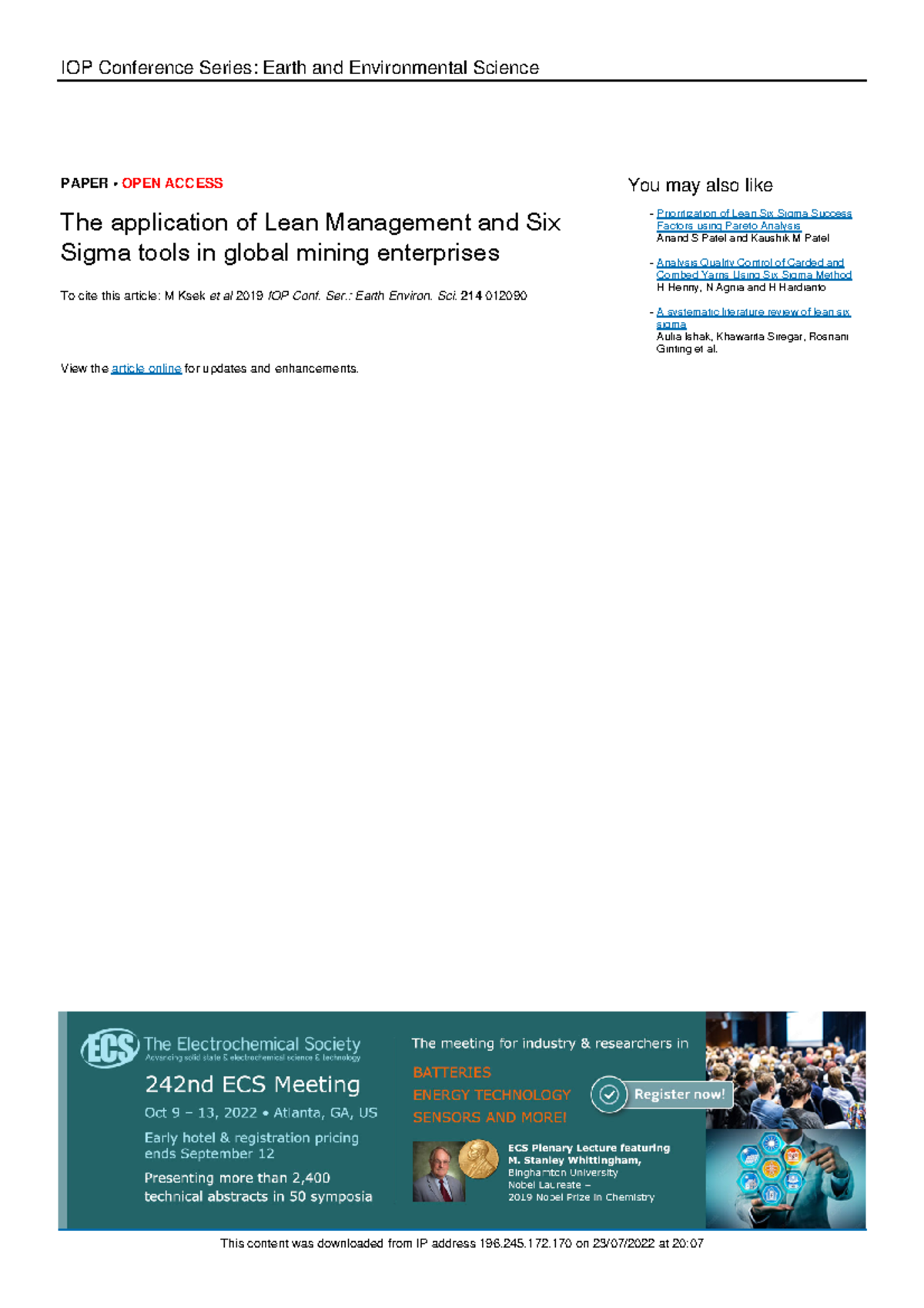 The application of Lean Management and Six Sigma tools in global mining ...