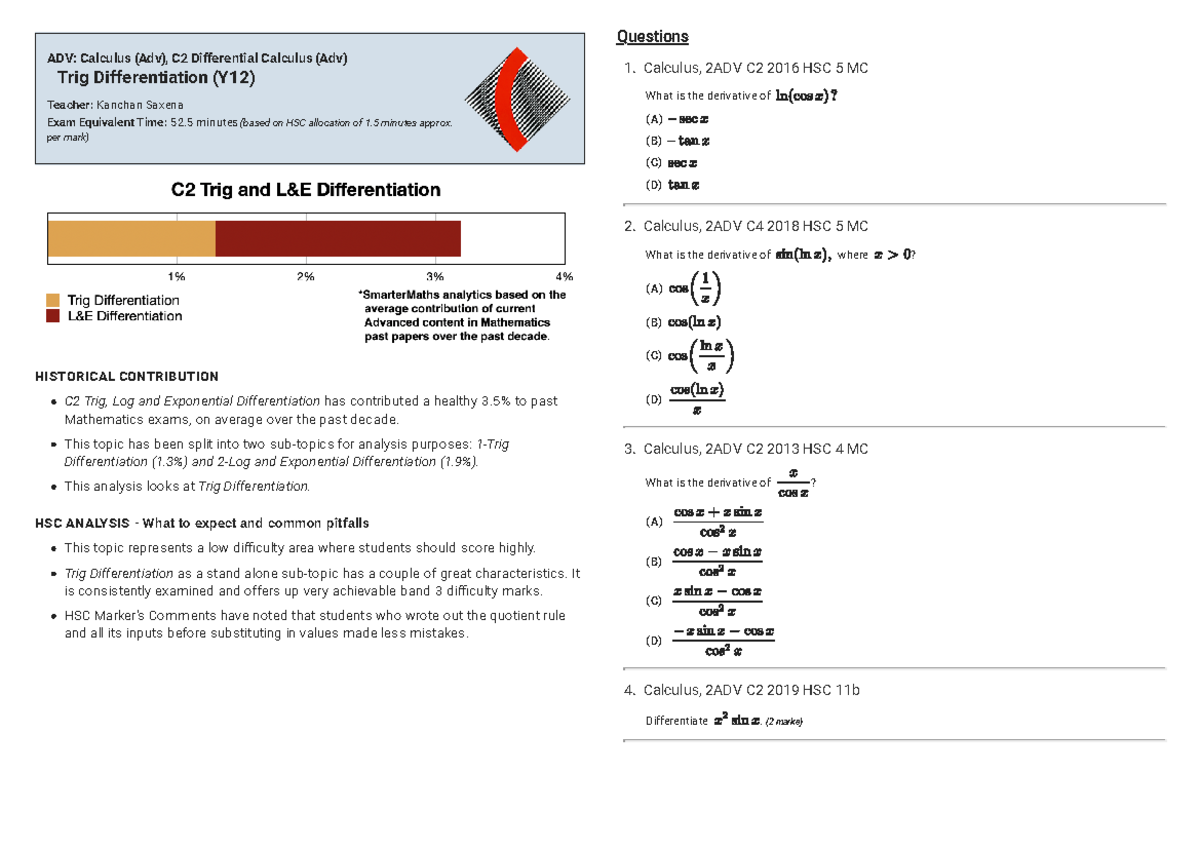 MA C2 Trig, Log and Exponential differentiation - ADV: Calculus (Adv ...