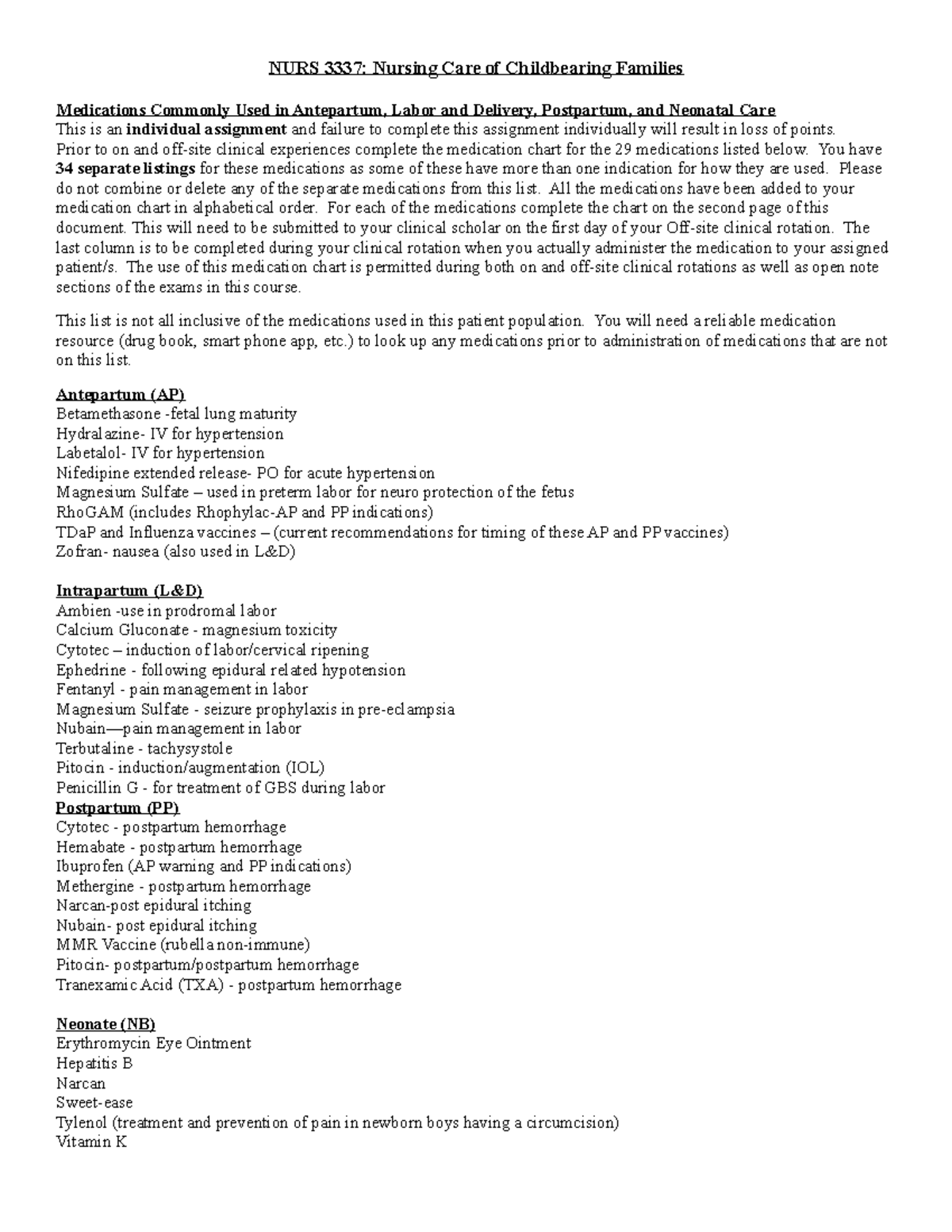 OB Meds for Clinical - Medications Commonly Used in Antepartum, Labor ...
