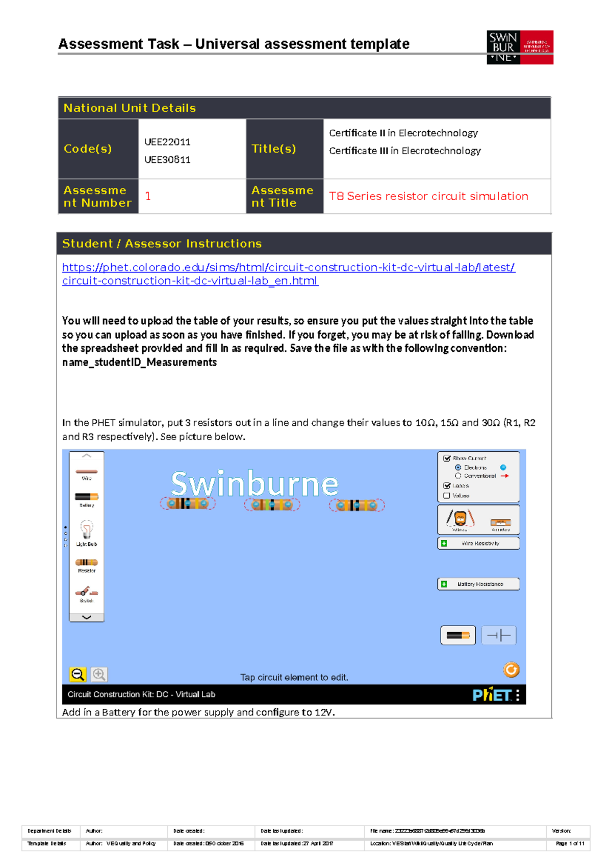 Prac T8 Assessment - online - National Unit Details Code(s) UEE UEE ...