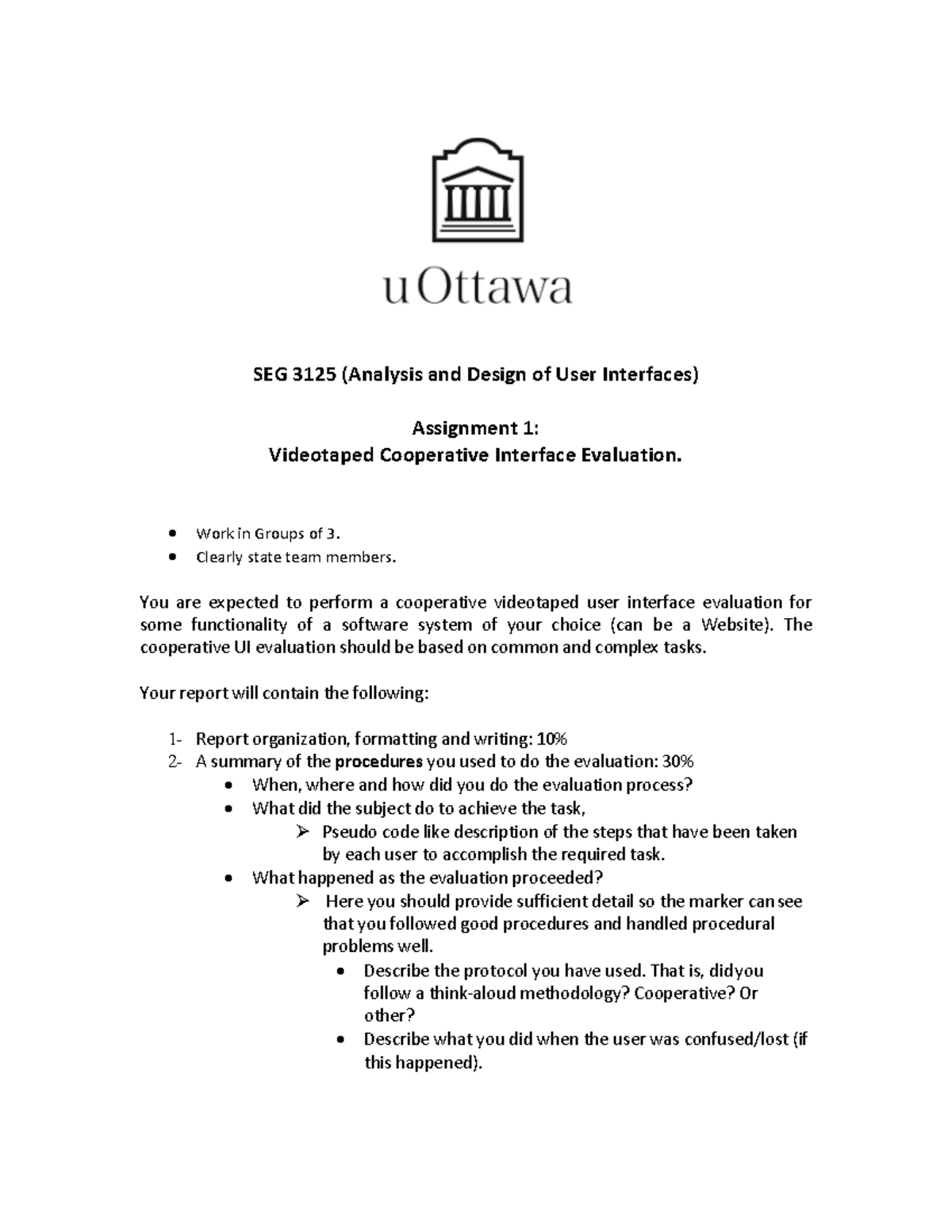 Assignment 1 seg - SEG 3125 (Analysis and Design of User Interfaces) Assignment 1: Videotaped ...
